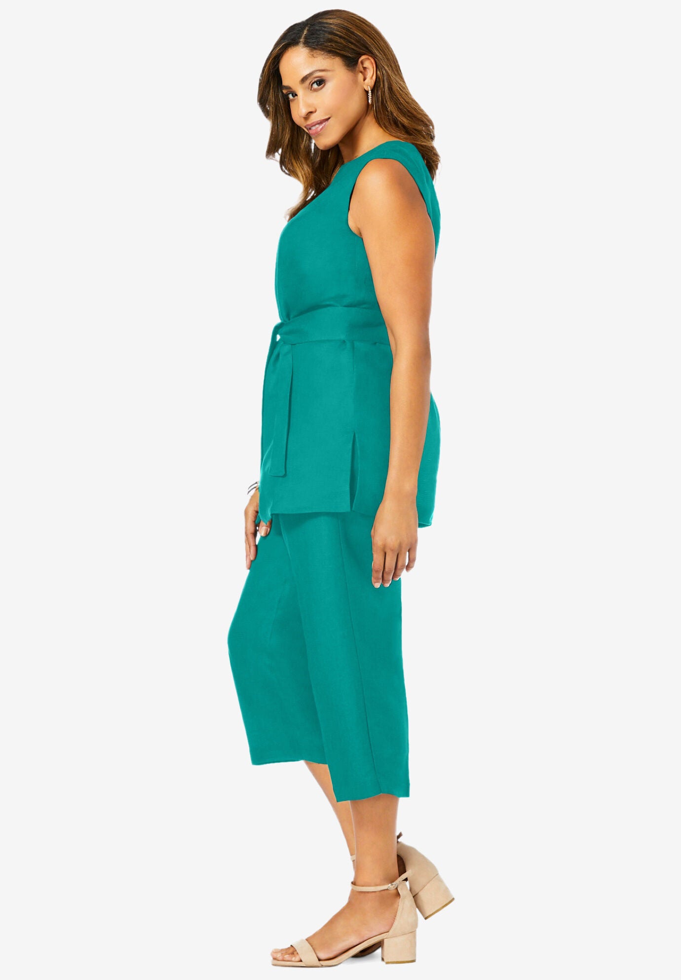 Linen Capri Set with Sash Belt – Versatile Outfit, Navy | Ellos