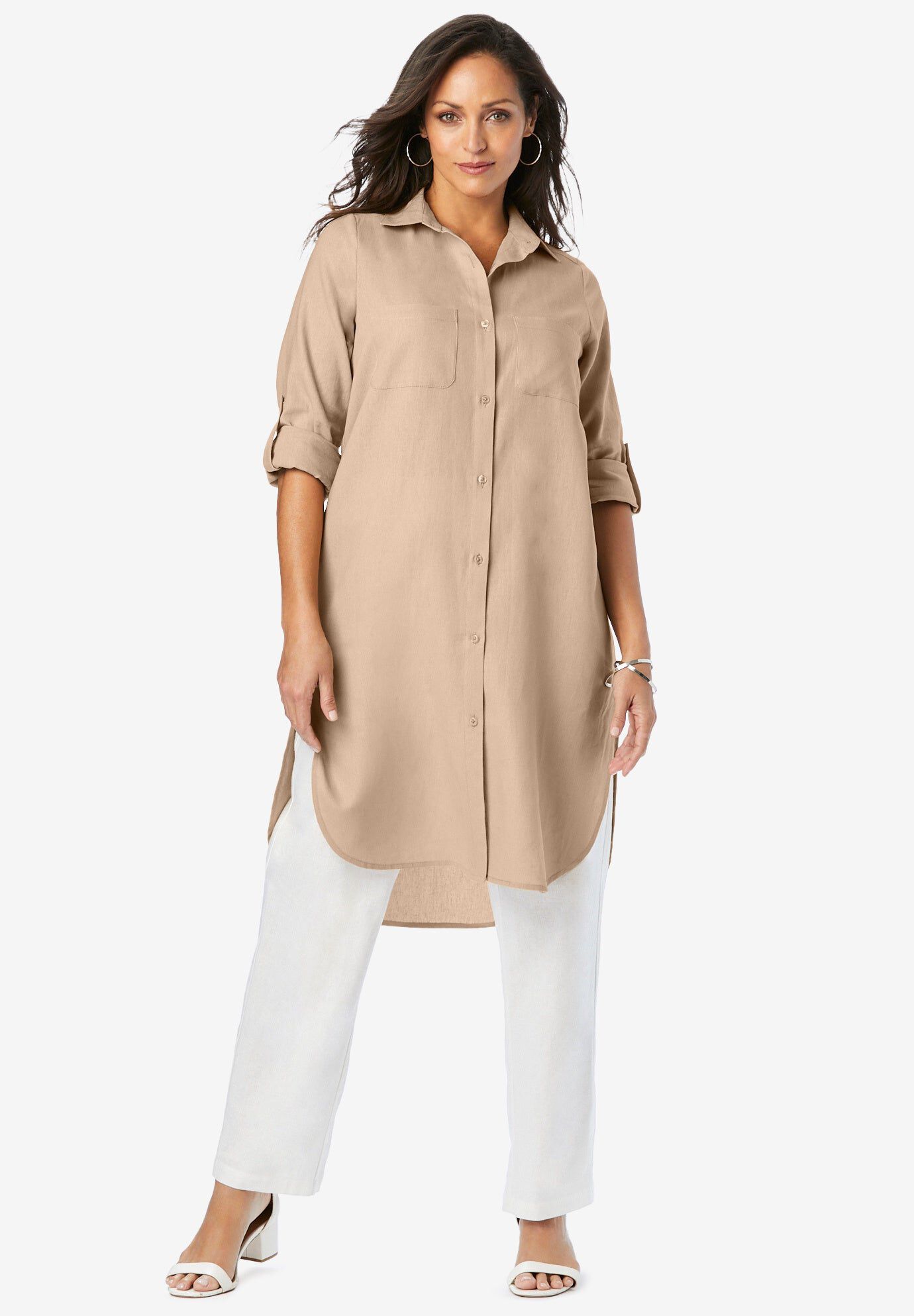 Linen Mega Tunic with Roll-Tab Sleeves, New Khaki | Ellos