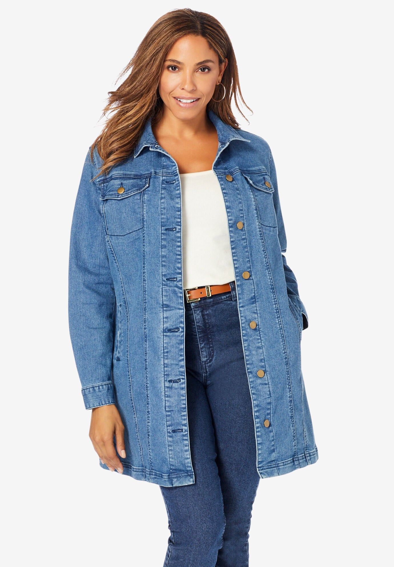 Long Denim Jacket - Figure Flattering 36" Length, Medium Stonewash | Ellos