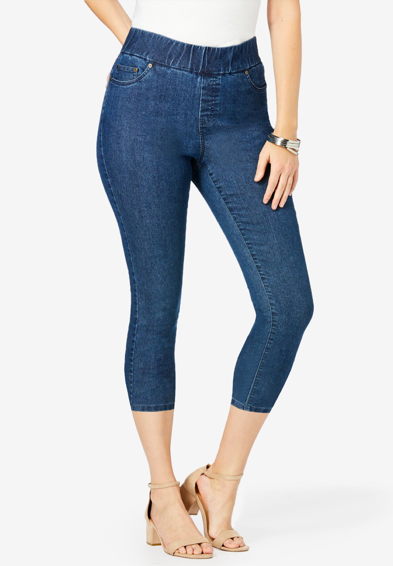 Stretch Denim Capris with Comfort Waist, Medium Stonewash | Ellos