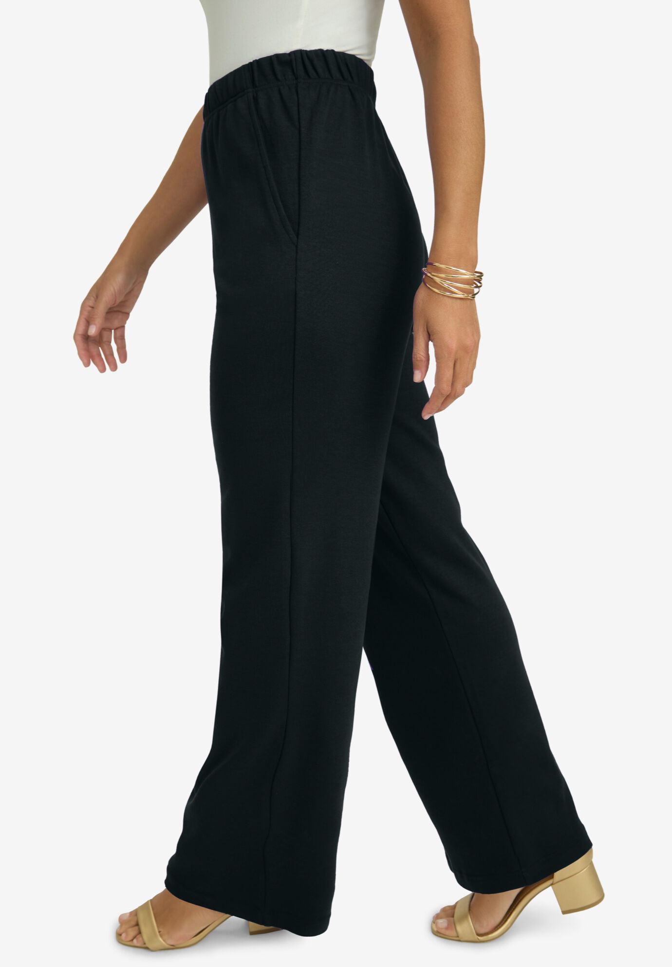 Wide Leg Soft Ease Pants with Pockets, Black | Ellos