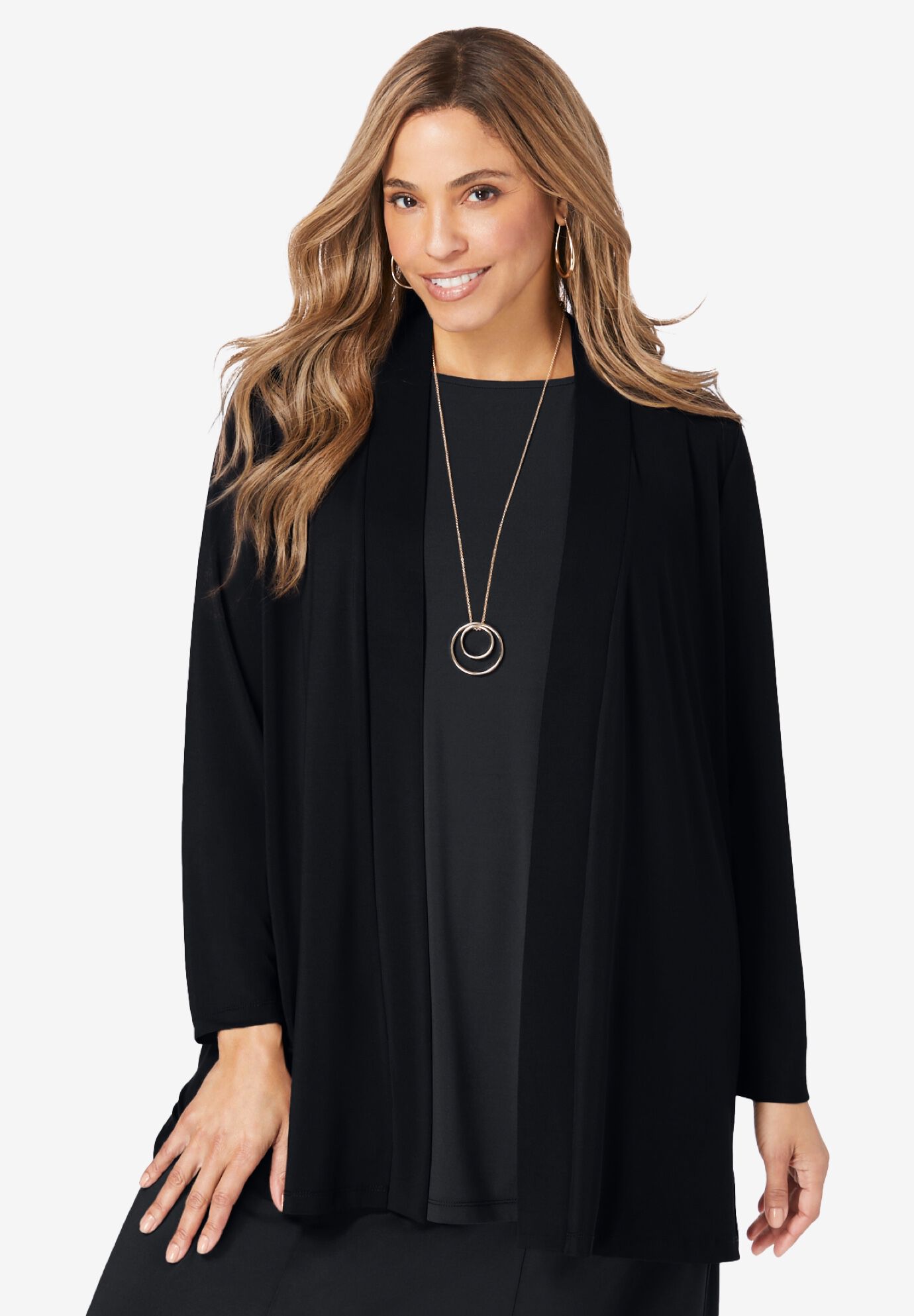 Stretch Knit Open Front Topper Tulip Sleeves, Black | Ellos