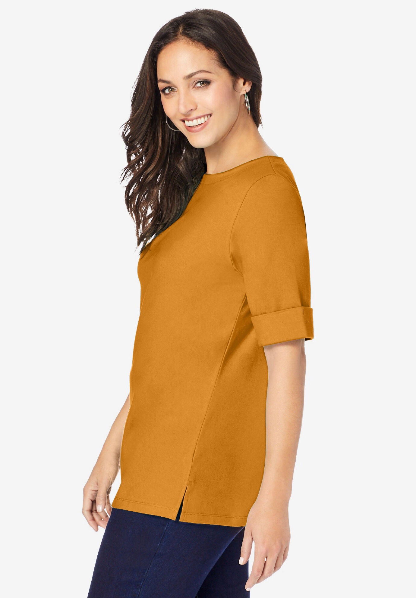 Stretch Cotton Cuff Tee - Refined Casual Style, Vivid Red | Ellos