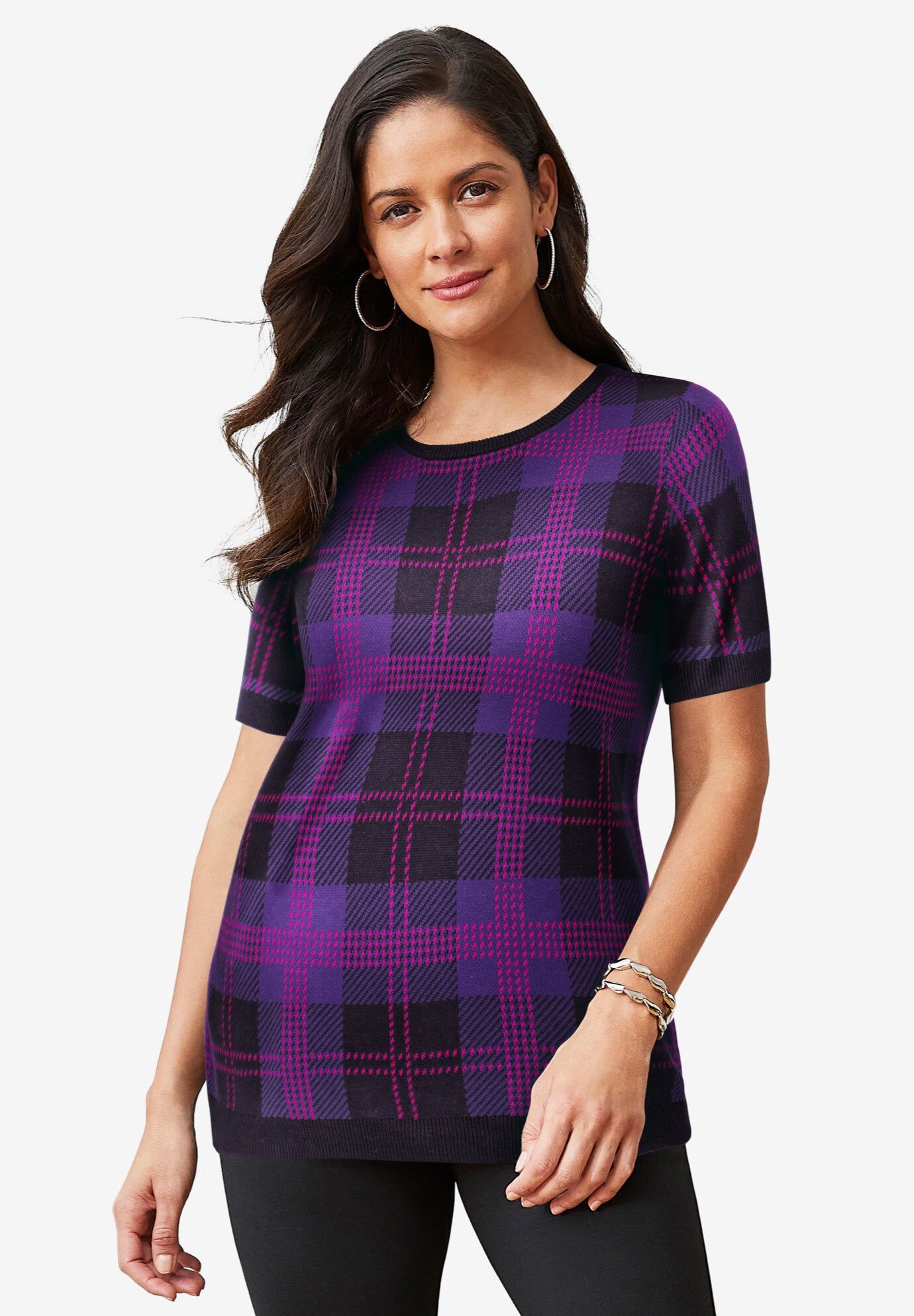 Fine Gauge Crewneck Shell Short Sleeve Sweater, Midnight Violet Plaid | Ellos