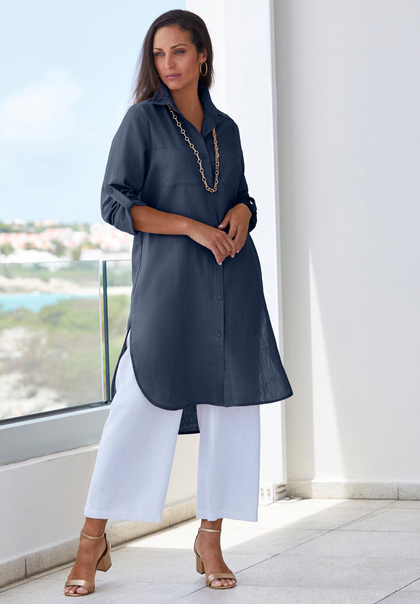 Linen Mega Tunic with Roll-Tab Sleeves, New Khaki | Ellos