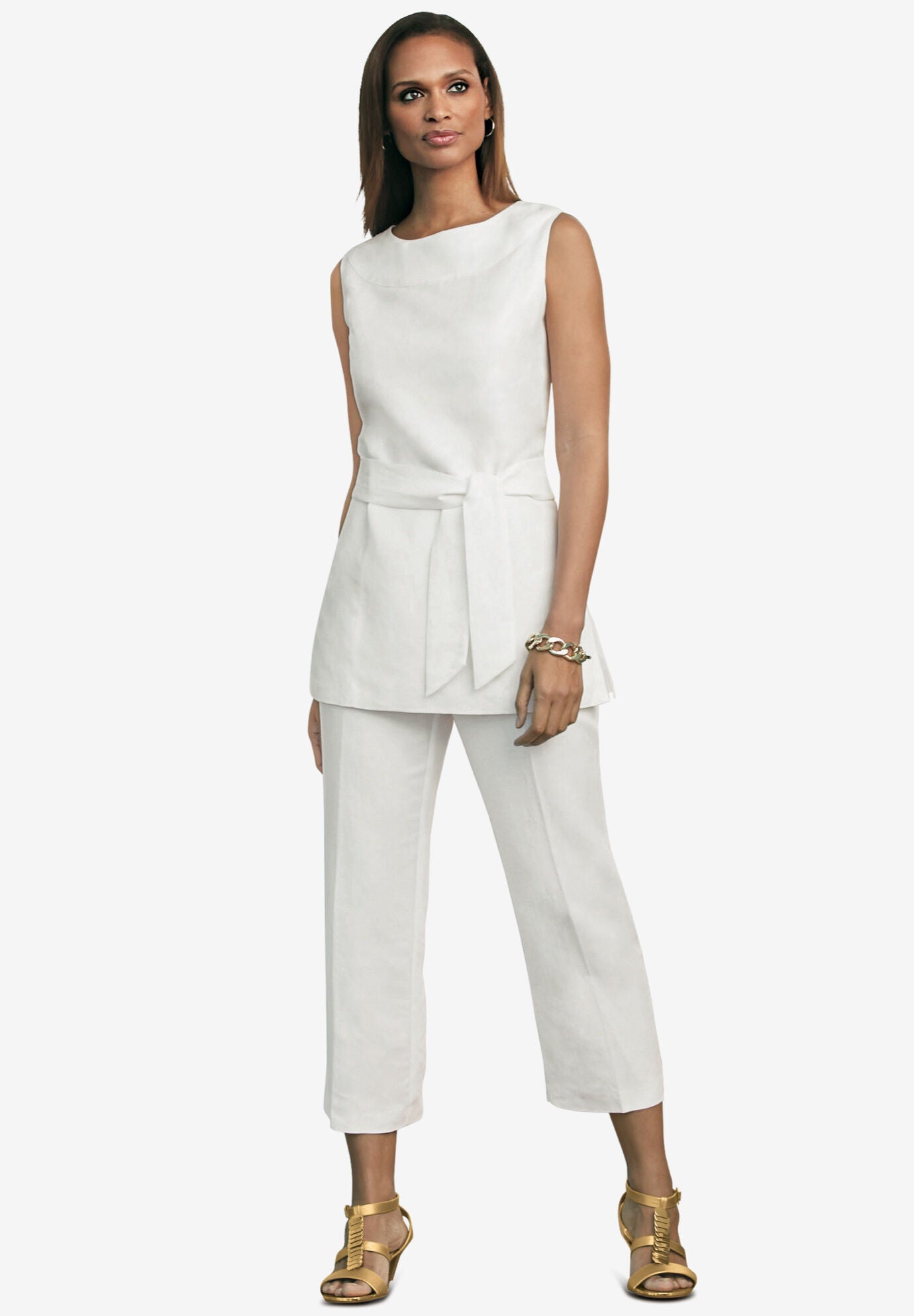 Linen Capri Set with Sash Belt – Versatile Outfit, White | Ellos