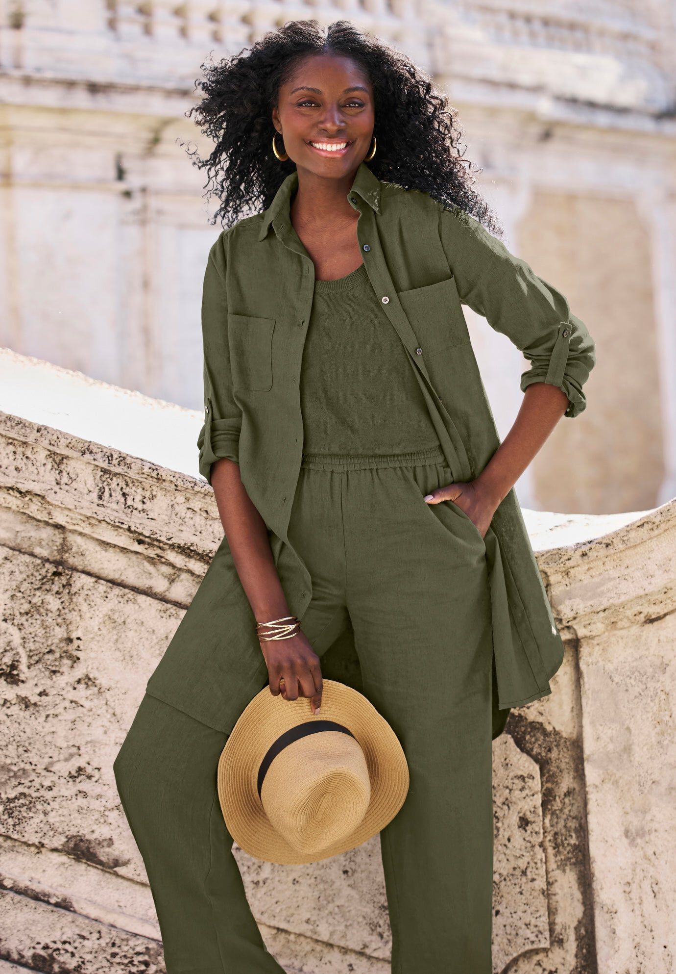 Linen Mega Tunic with Roll-Tab Sleeves, Dark Olive Green | Ellos