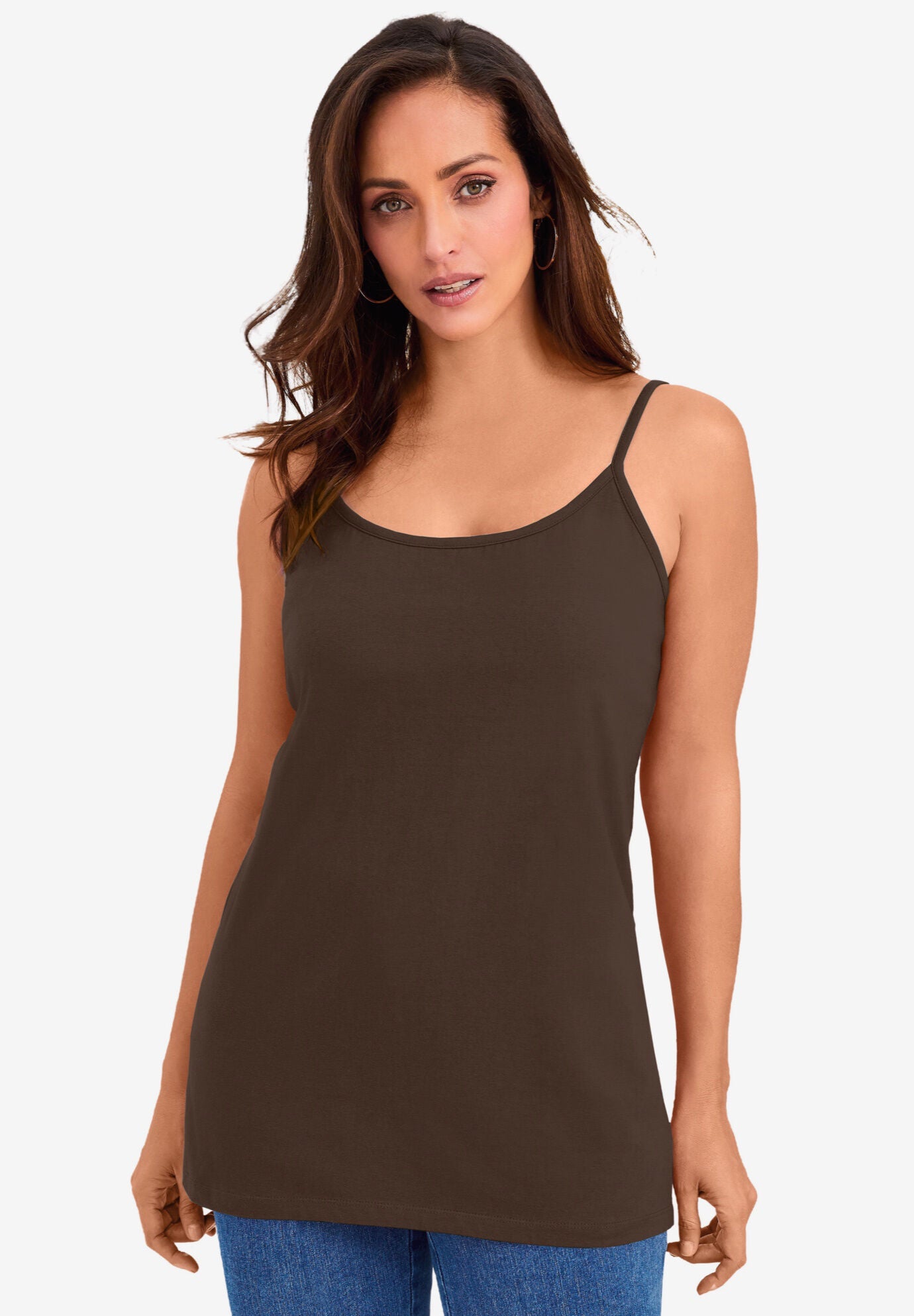 Stretch Cotton Cami - Adjustable Straps, Chocolate | Ellos