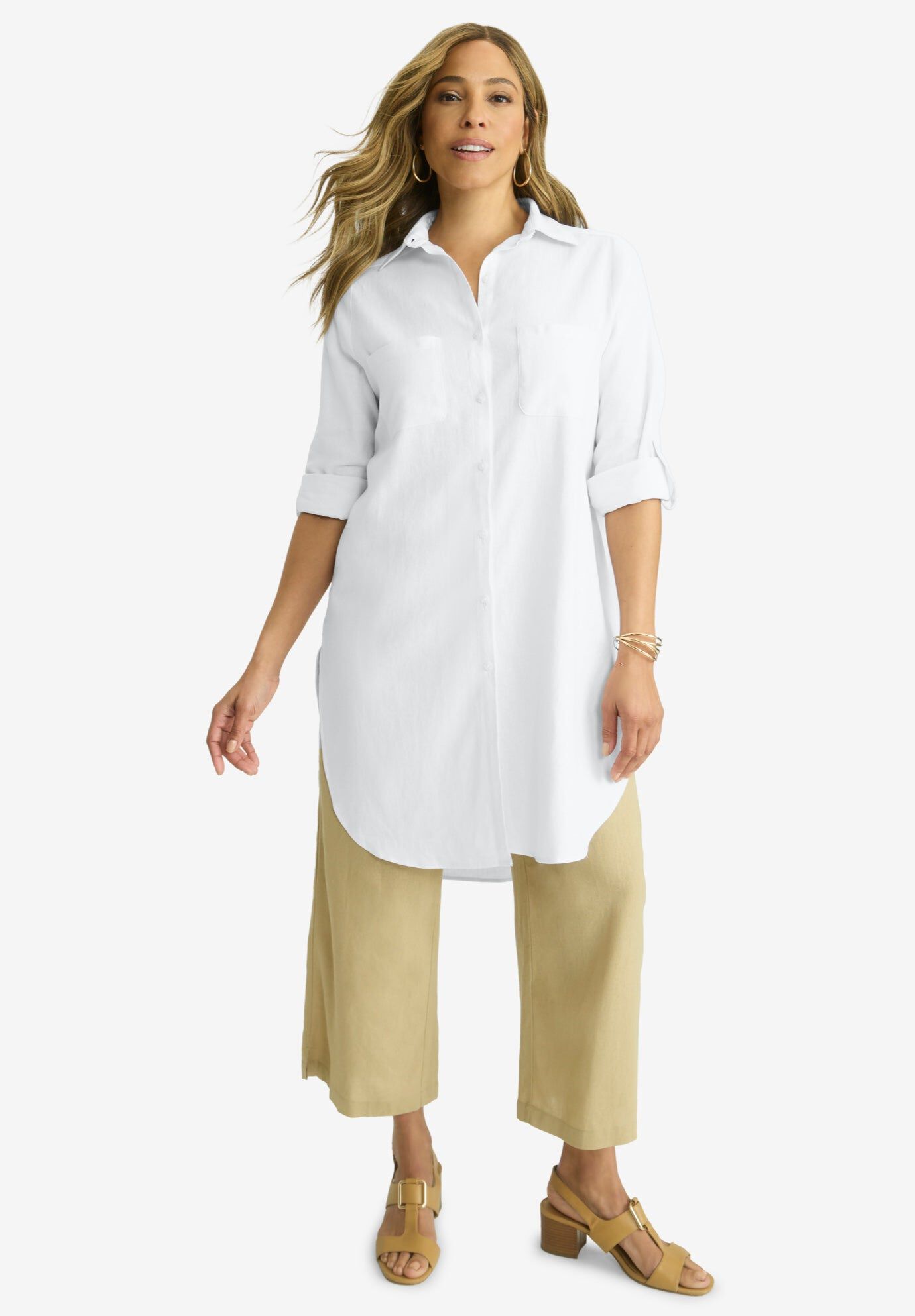 Linen Mega Tunic with Roll-Tab Sleeves, White | Ellos