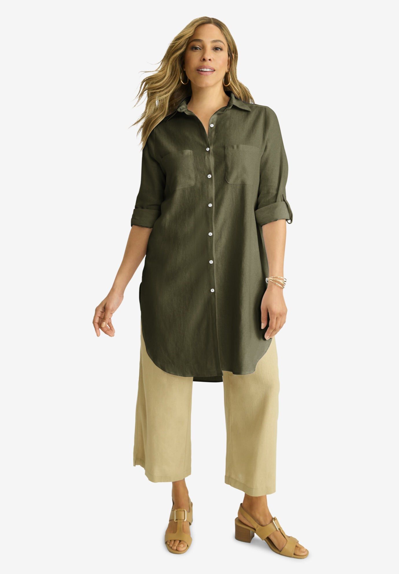 Linen Mega Tunic with Roll-Tab Sleeves, Dark Olive Green | Ellos