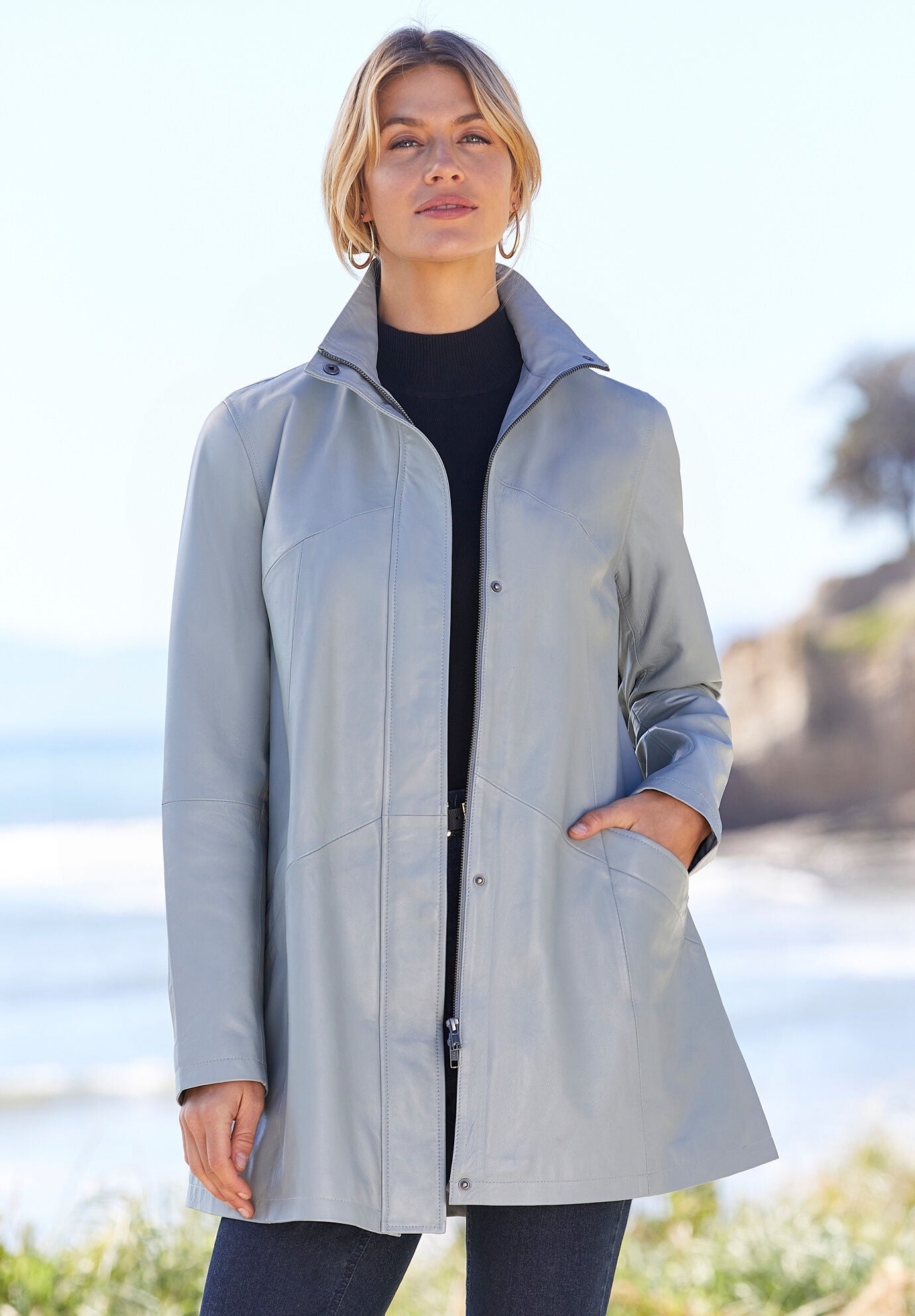 Genuine Leather A-Line Jacket with Wing Collar, Rich Burgundy | Ellos