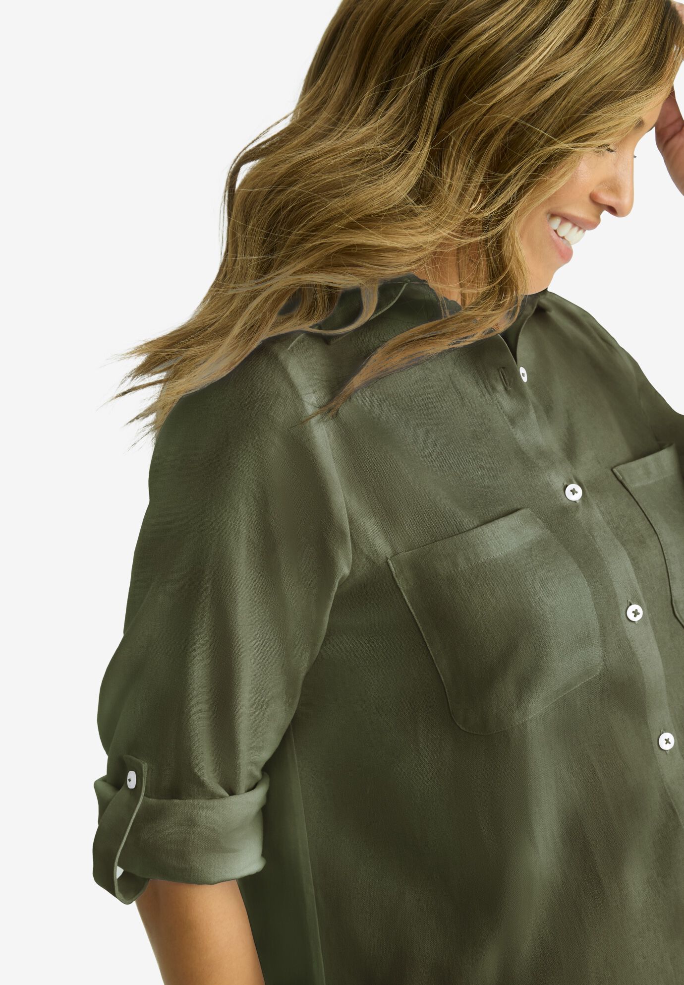 Linen Mega Tunic with Roll-Tab Sleeves, Dark Olive Green | Ellos