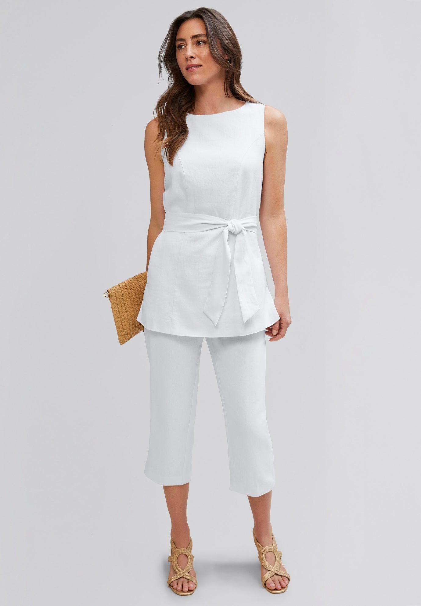 Linen Capri Set with Sash Belt – Versatile Outfit, White | Ellos