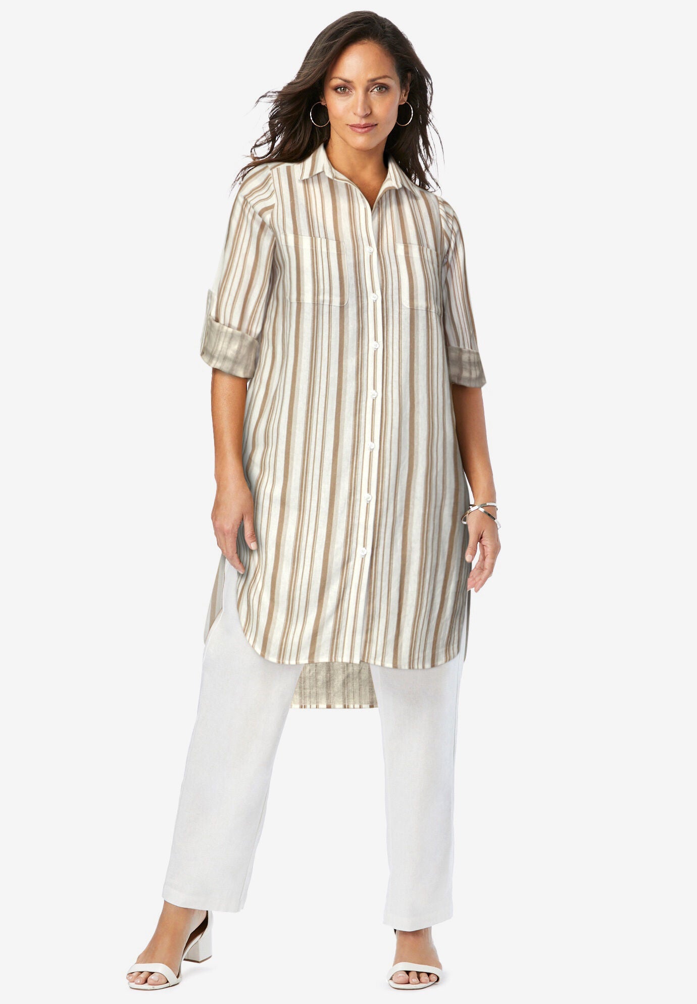 Linen Mega Tunic with Roll-Tab Sleeves, New Khaki Uneven Stripe | Ellos