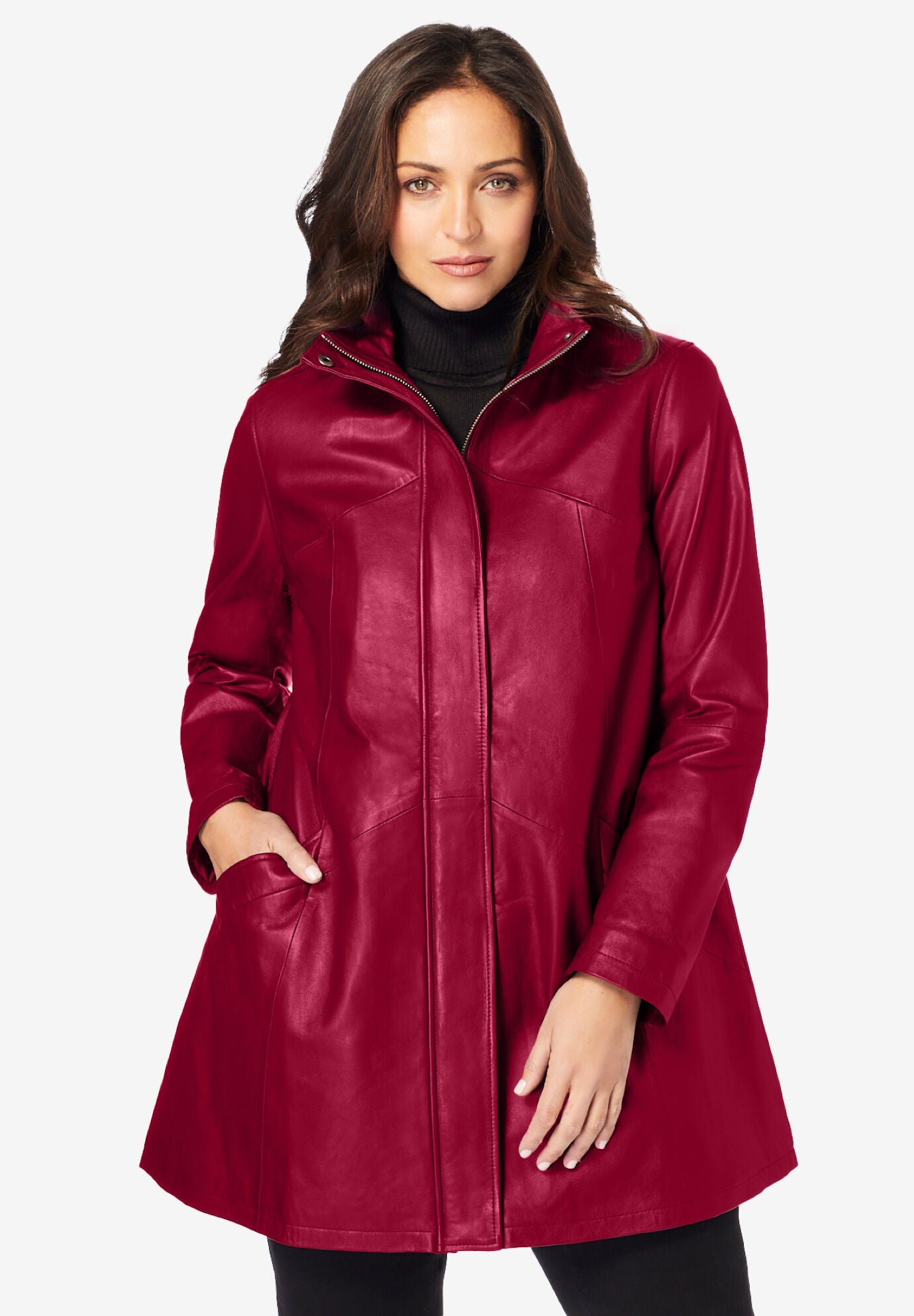 Genuine Leather A-Line Jacket with Wing Collar, Rich Burgundy | Ellos