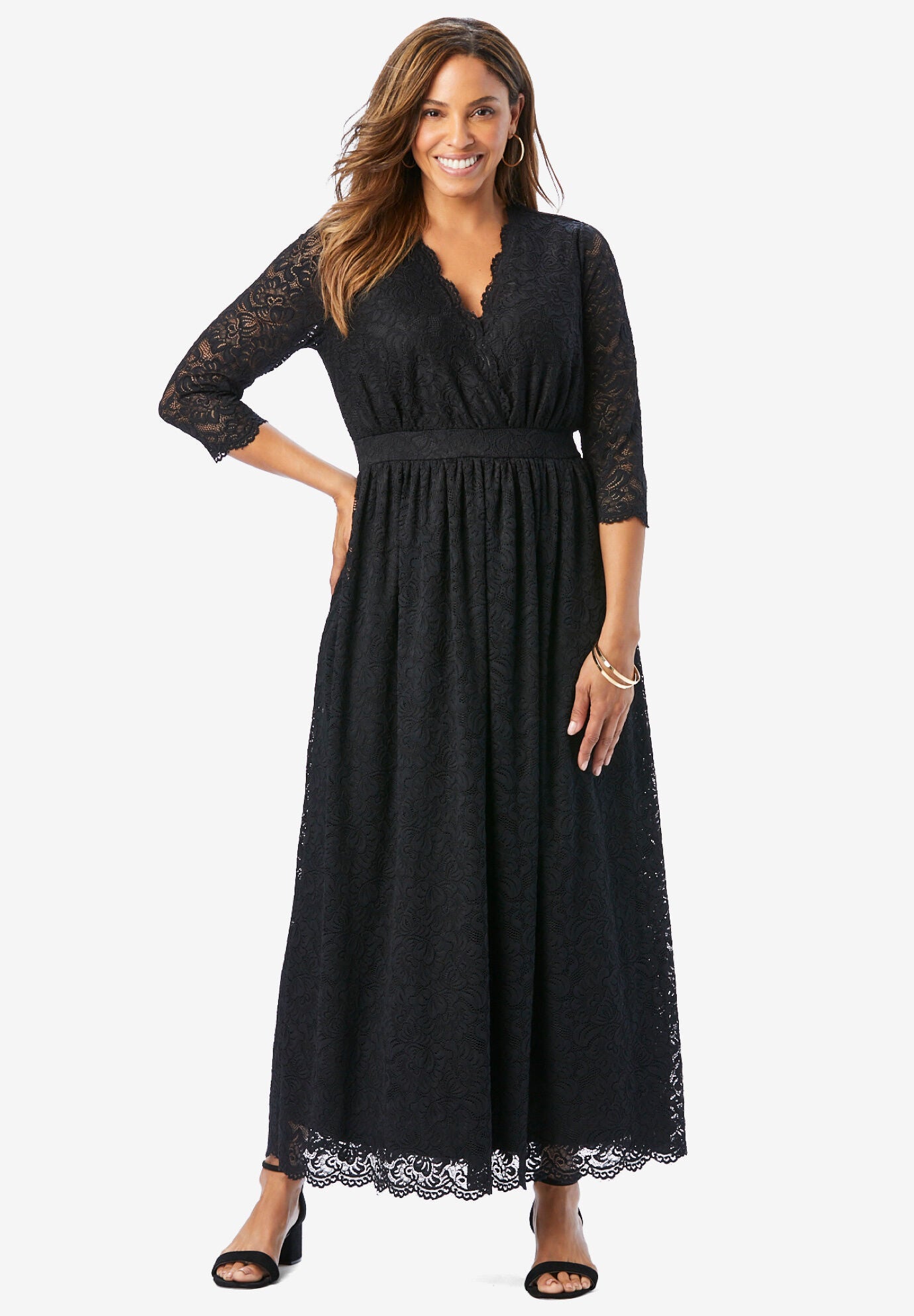 Stretch Lace Maxi Dress - Elegant A-Line Style, Black | Ellos