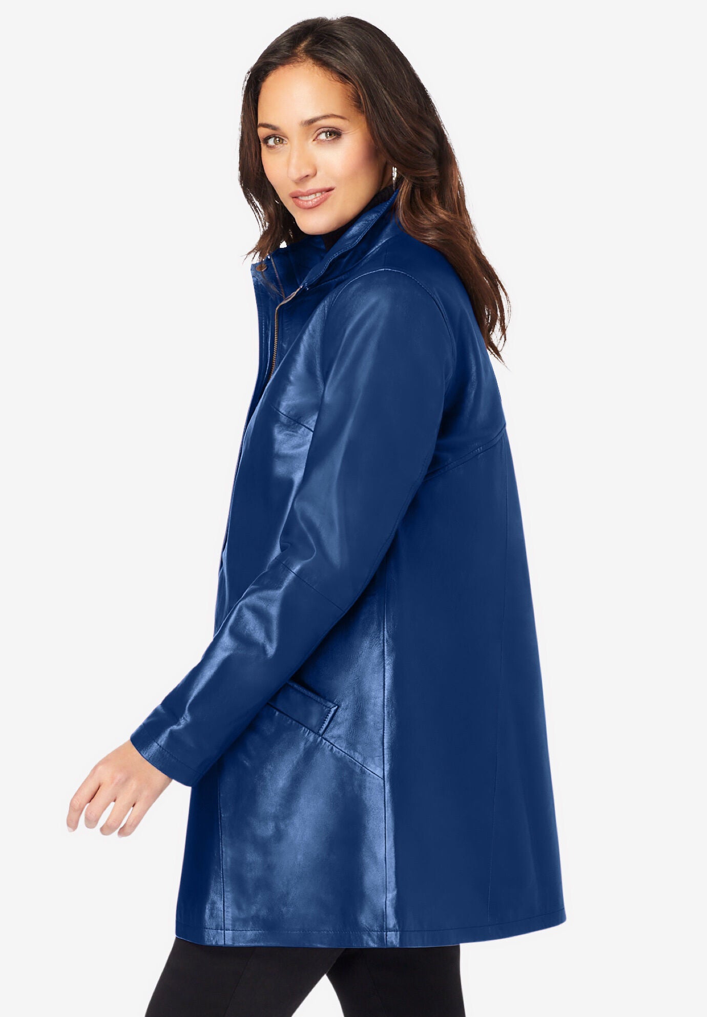 Genuine Leather A-Line Jacket with Wing Collar, Rich Burgundy | Ellos