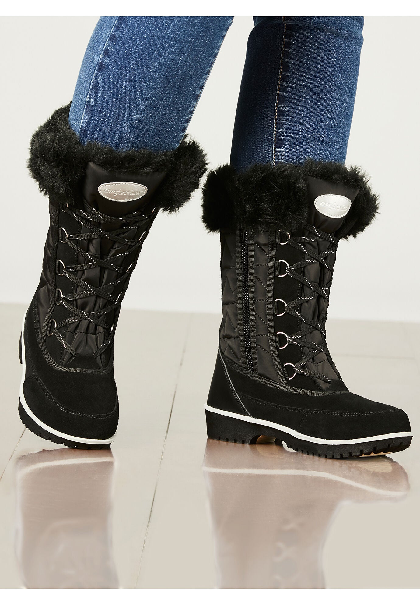 Waterproof Eileen Boot - Suede & Quilted Nylon, Black Silver Multi | Ellos
