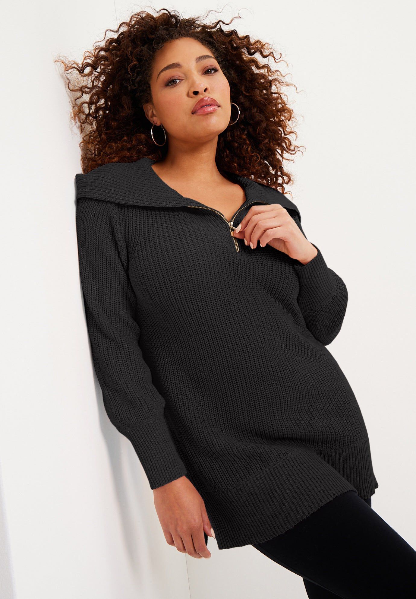 Half-Zip Sweater with Sporty Fit and Flare Design, Black | Ellos