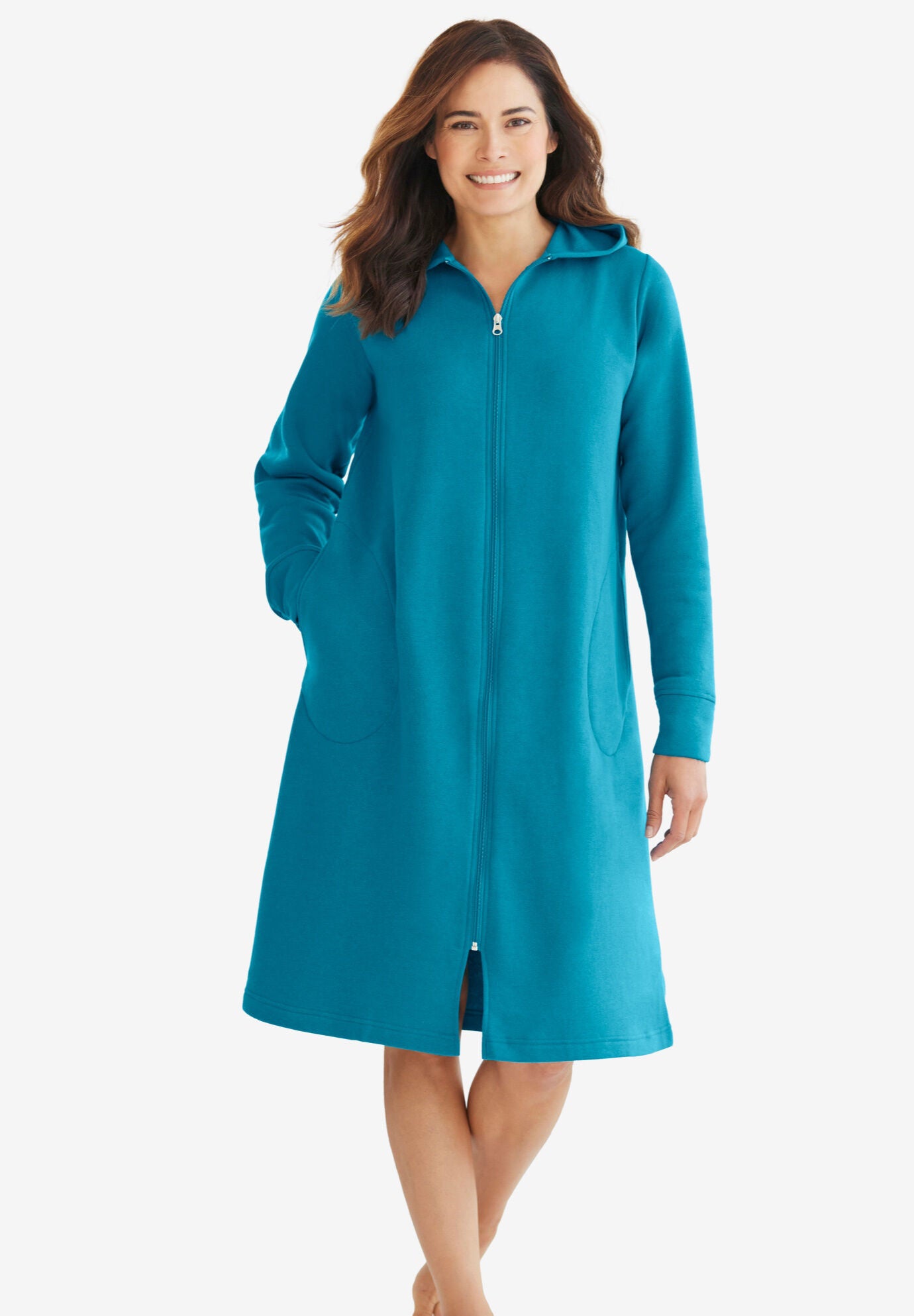 Hooded Zip Sweatshirt Robe - Short Length, Deep Teal | Ellos