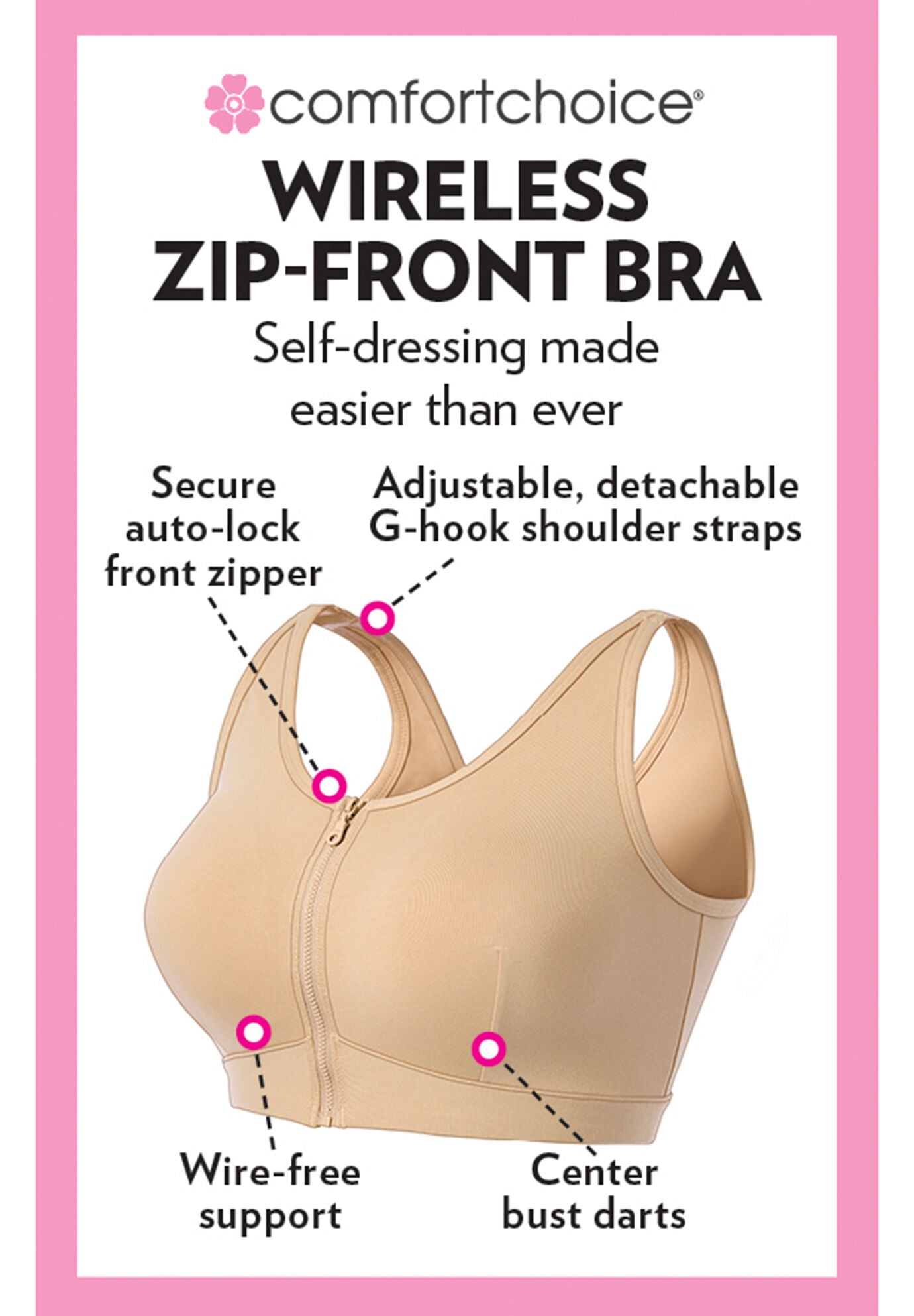 Wireless Zip Front Bra with Removable Pads, Nude | Ellos