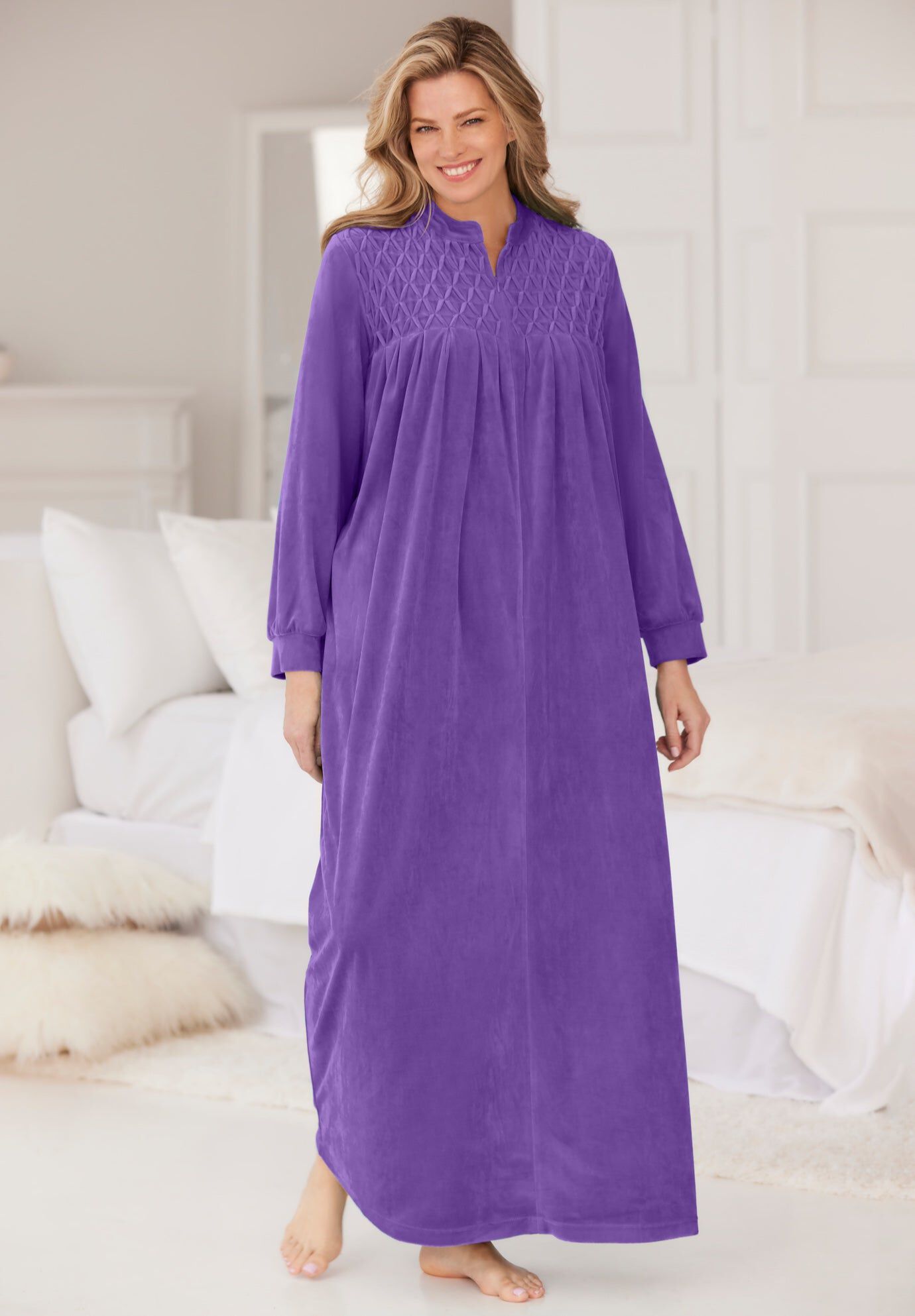 Smocked Velour Long Robe - Women's Sleepwear, Waterfall | Ellos