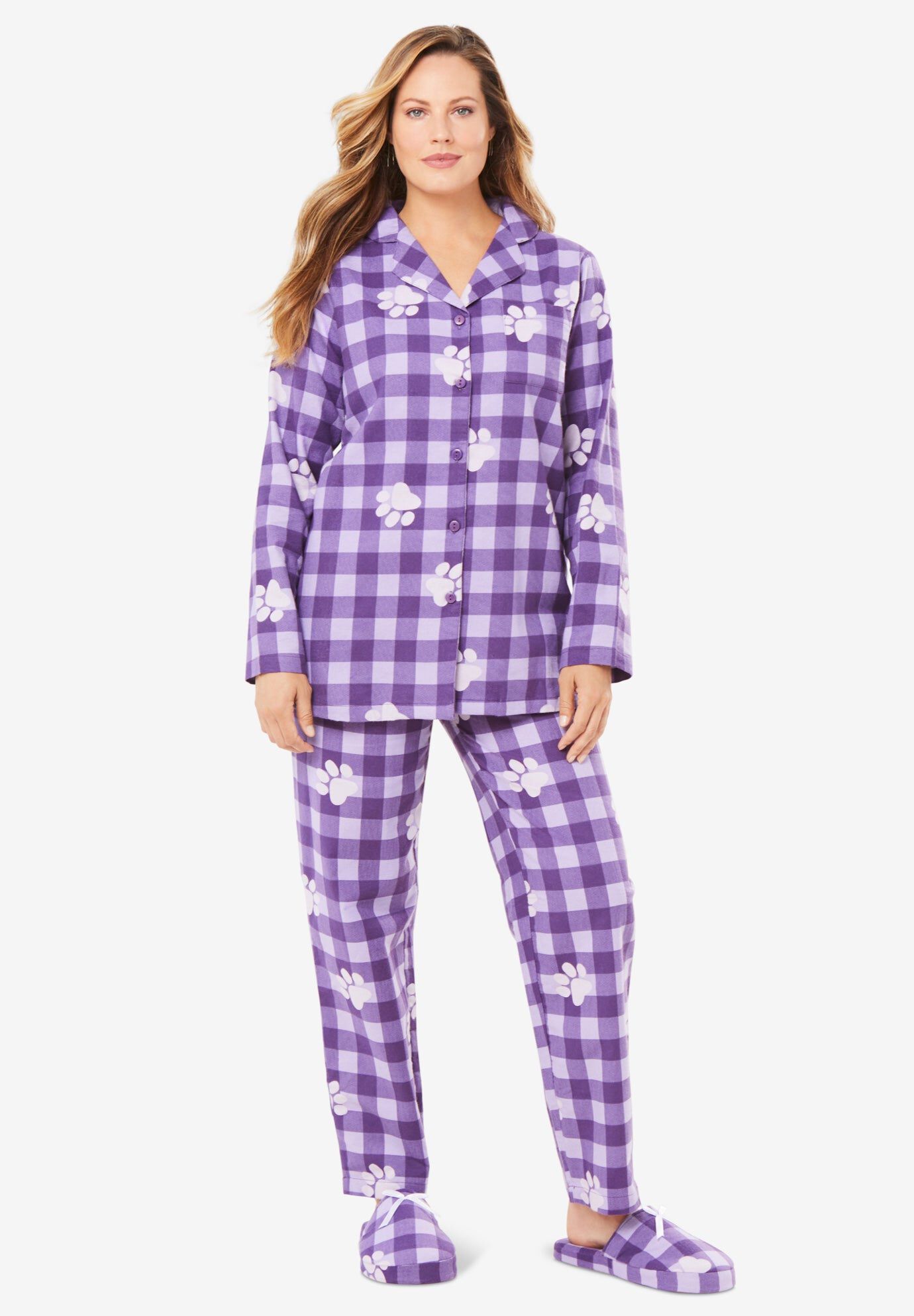 Matching Flannel PJ Set & Slipper, Plum Burst Plaid Paw | Ellos