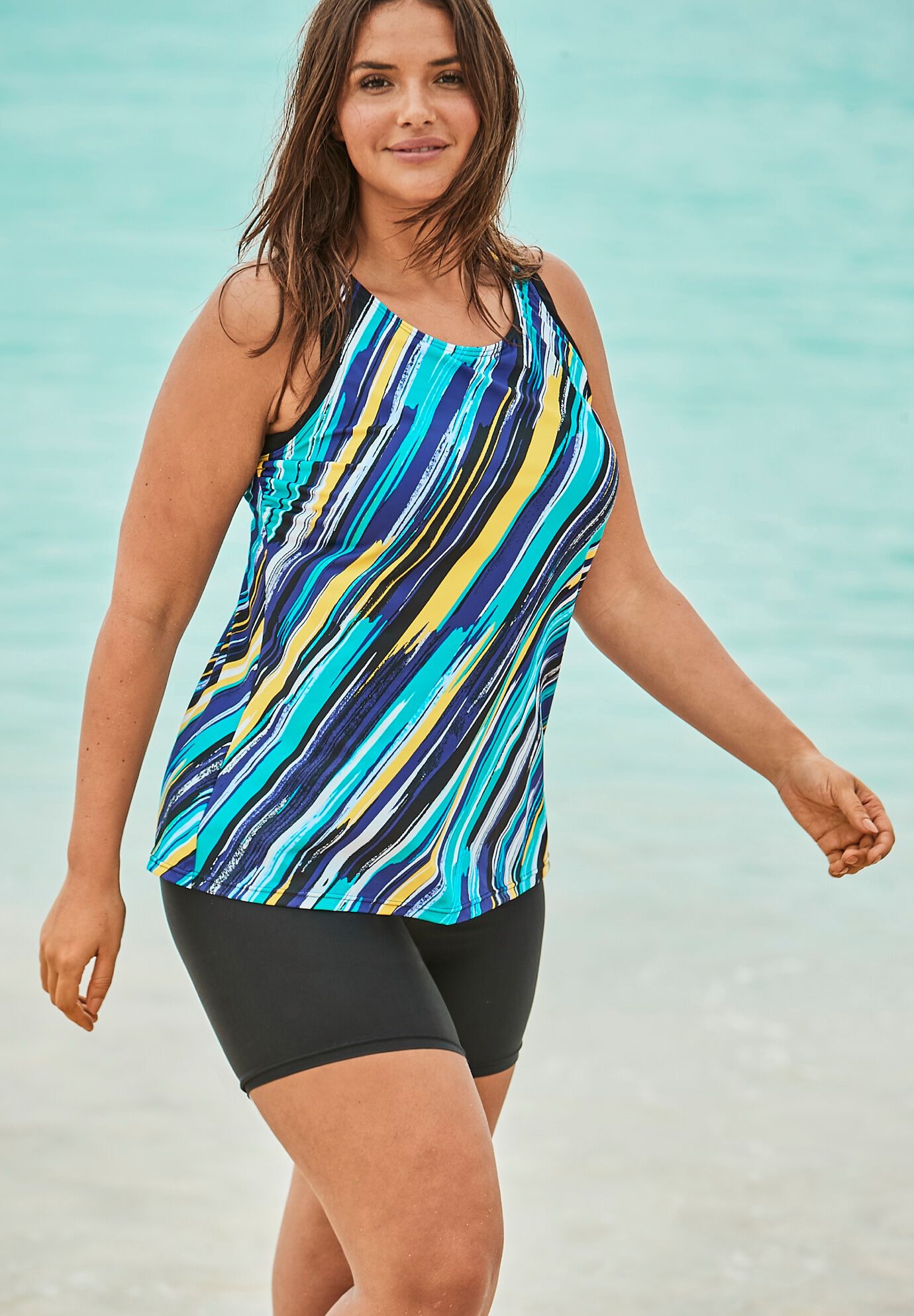 Racerback Tankini with Power Mesh Support, Turq Painterly Stripe | Ellos