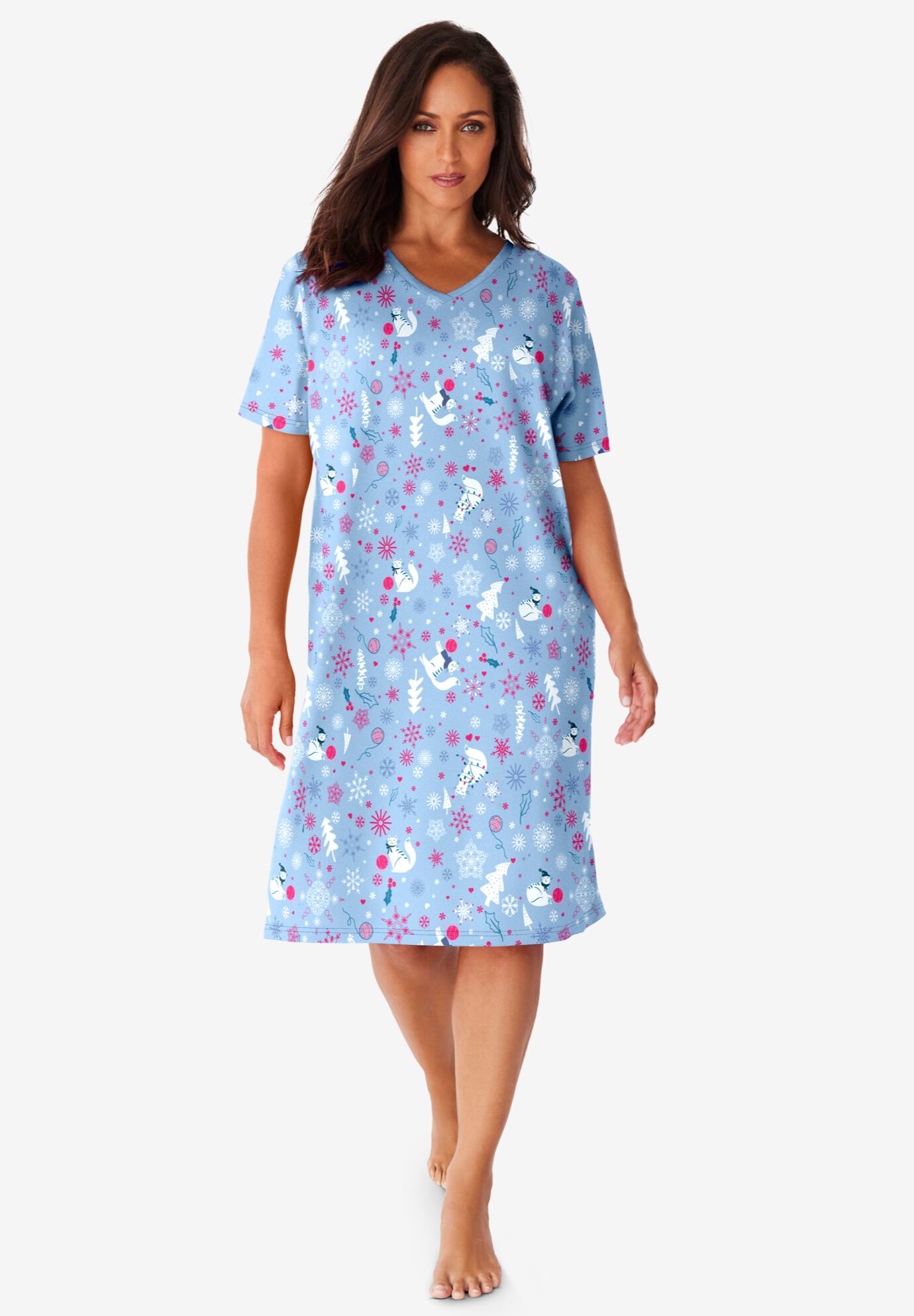 Matching Short Single Sleepshirt & Slipper, Sky Blue Winter Cat | Ellos