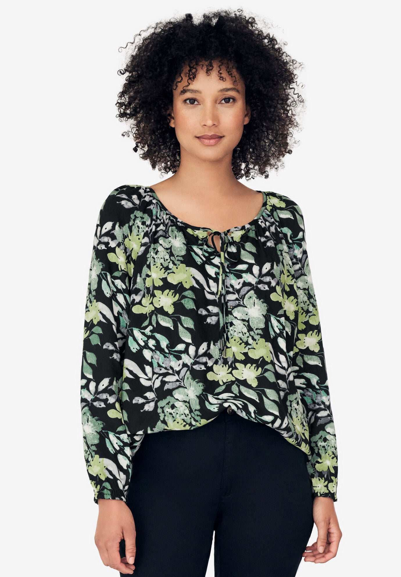 Tie Neck Peasant Tunic with Faux Buttons, Butter Multi Floral | Ellos