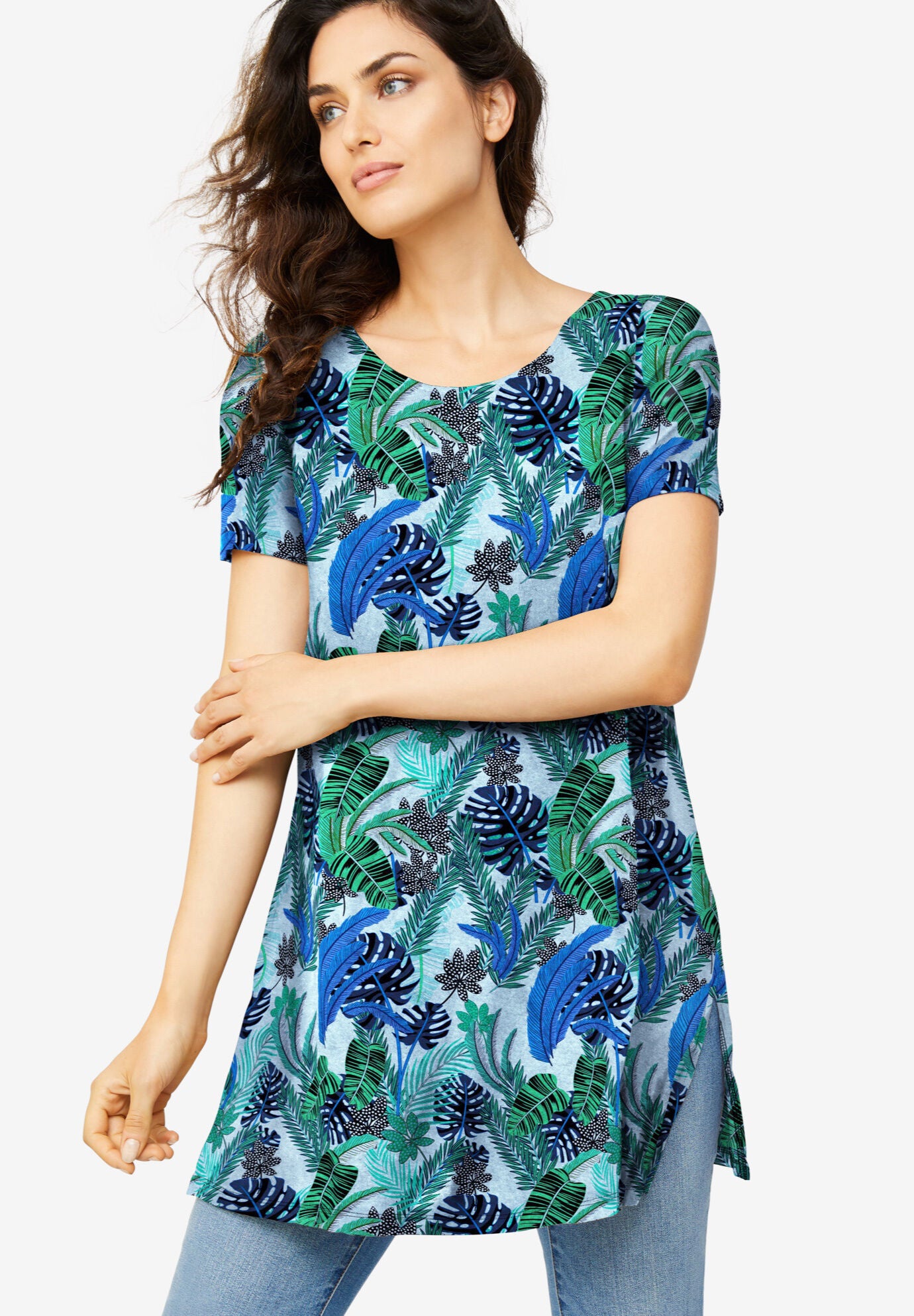Side Slit A-Line Tunic with Scoop Neckline, Fresh Blue Tropical Print ...