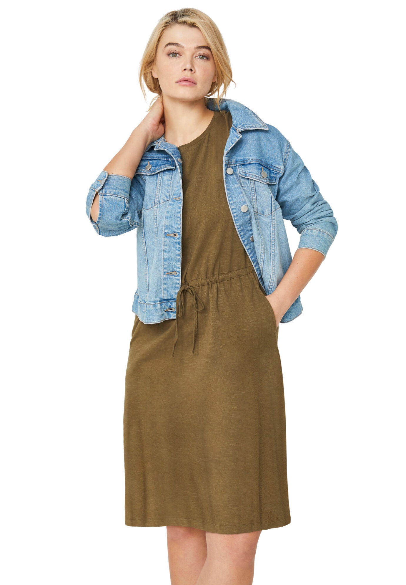 Knit Drawstring Dress - Relaxed Silhouette, Tropical Raspberry White ...