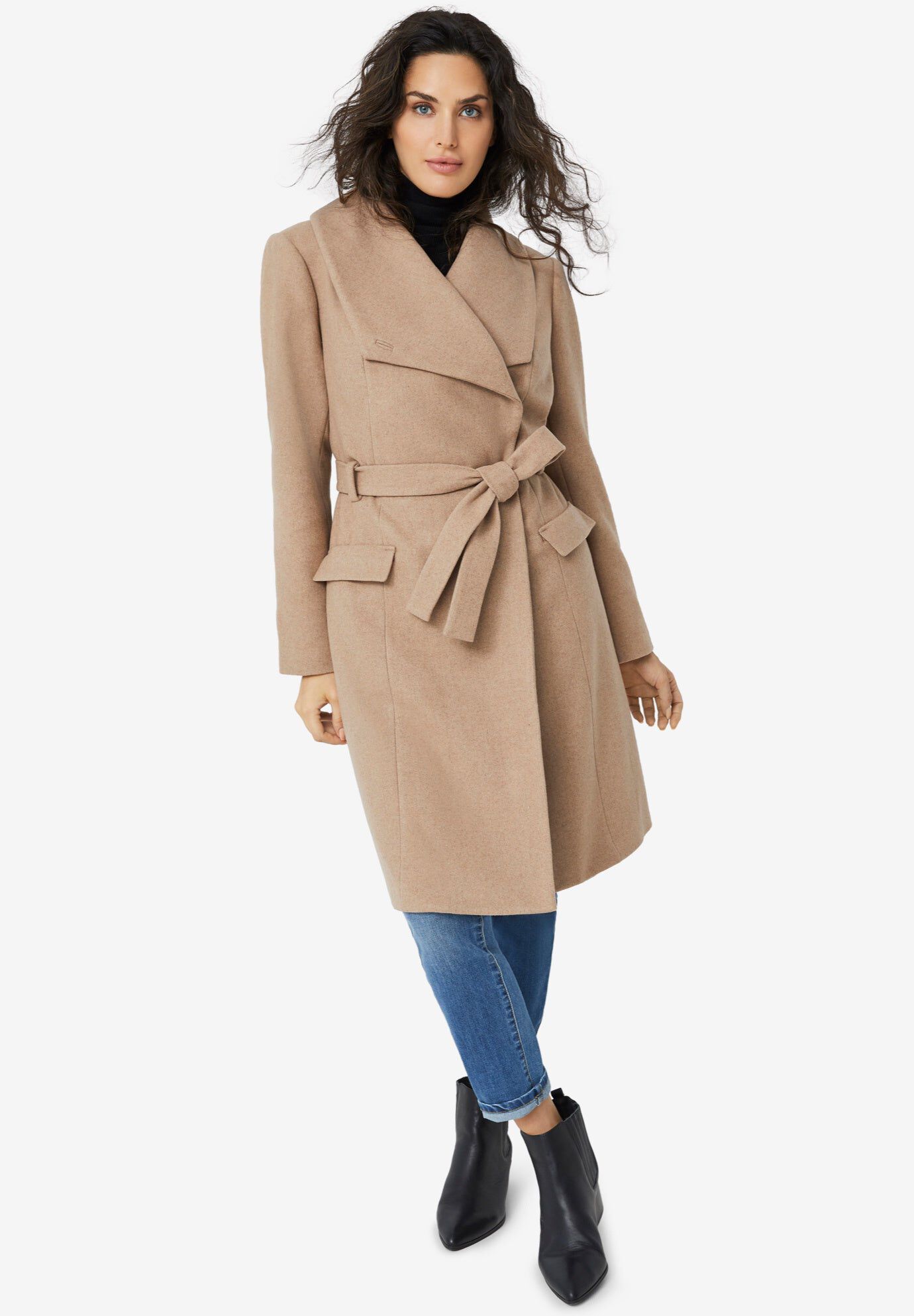 Wrap-Collar Wool-Blend Coat with Sash Belt, Brown Sugar | Ellos