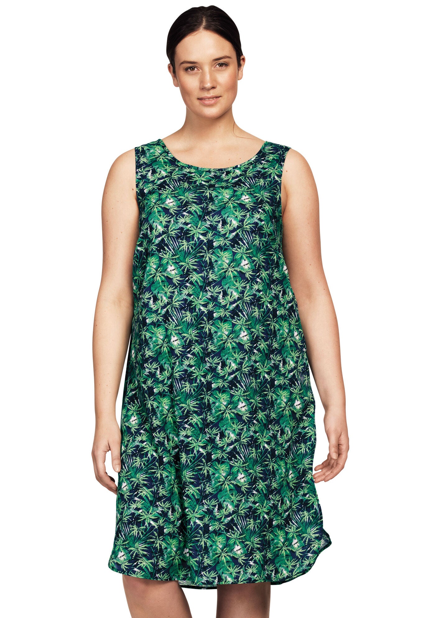 Sleeveless A-line Shift Dress - Mid Knee Length, Navy Palm Print | Ellos