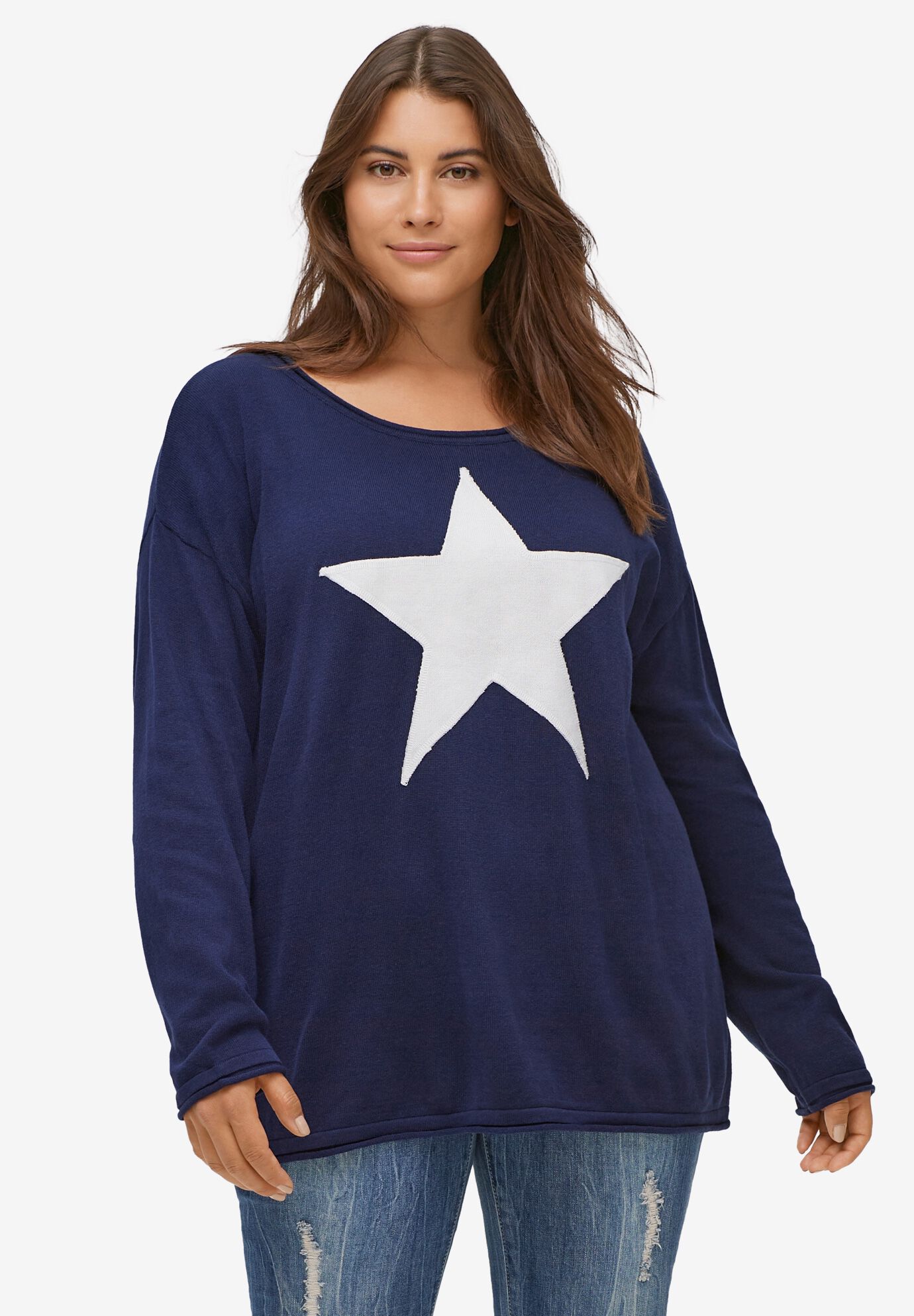 Star Applique Sweater with Drop Shoulders, Black White | Ellos