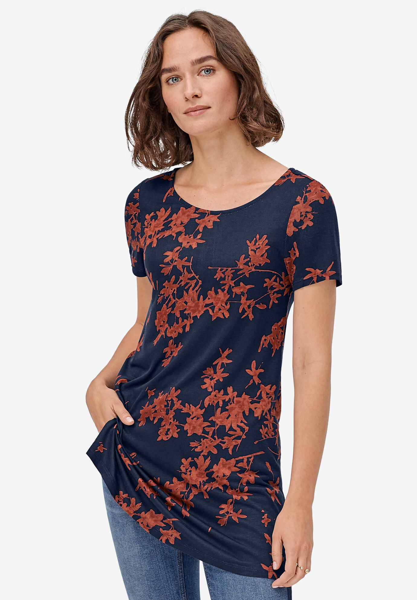 Side Slit A-Line Tunic with Scoop Neckline, Navy Red Ochre Print | Ellos