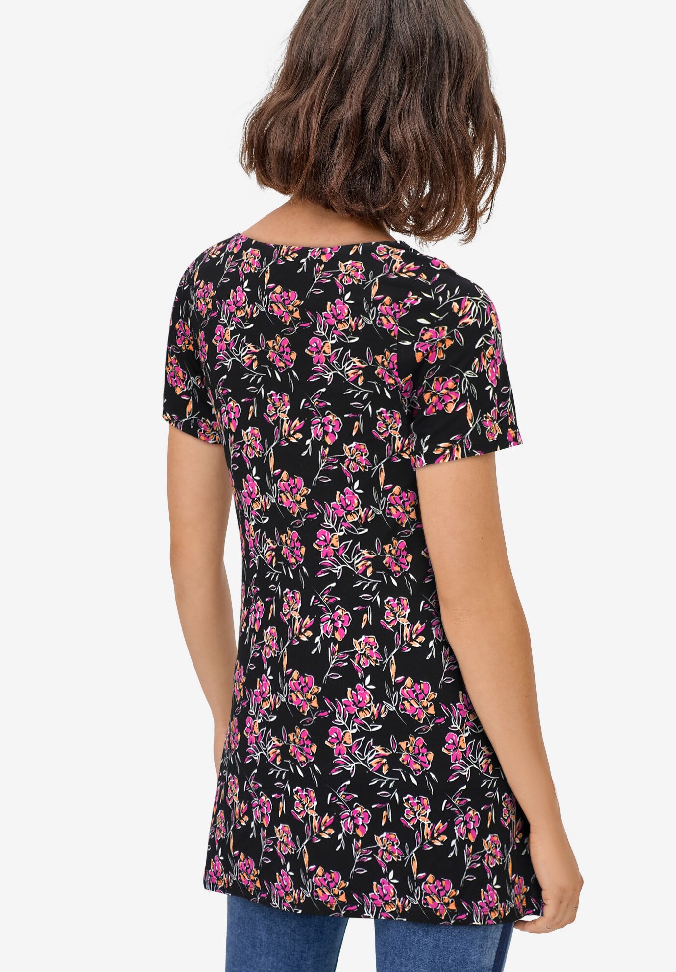 Side Slit A-Line Tunic with Scoop Neckline, Black Pink Floral | Ellos