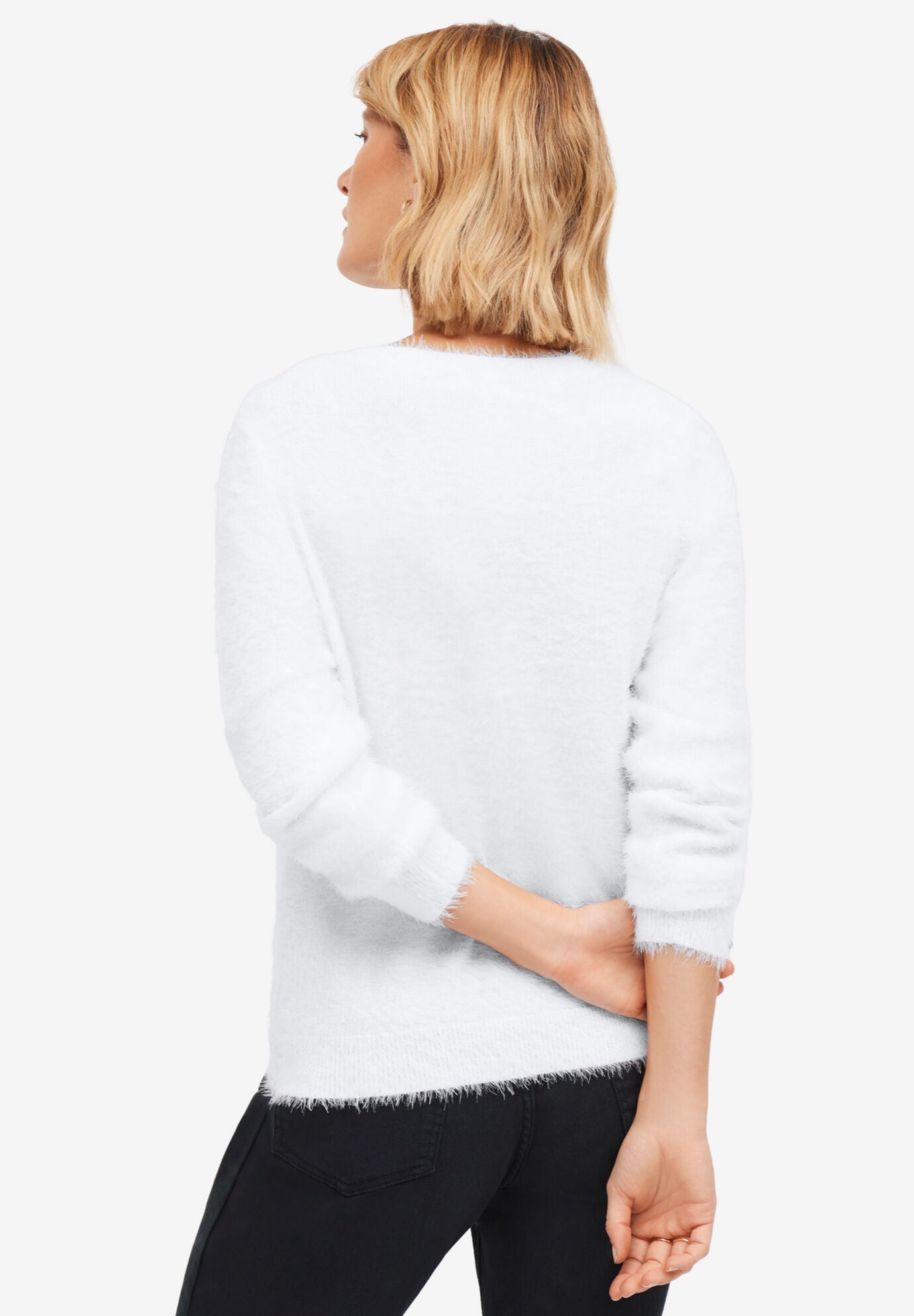 Eyelash Pullover Sweater with Sequin Motif, White | Ellos