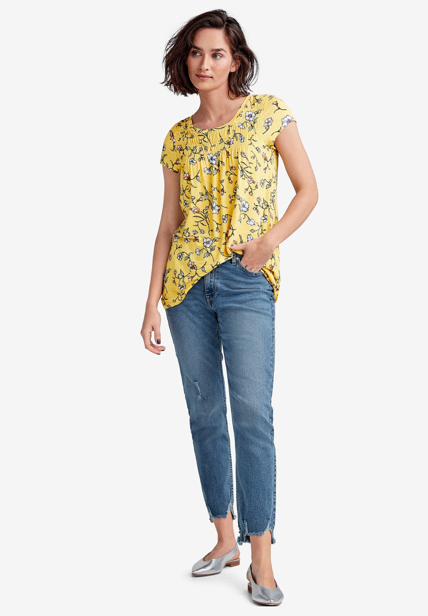 Smocked Tunic - High-Low Hem Style, Primrose Yellow Floral | Ellos