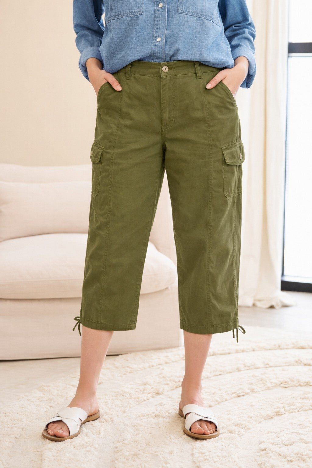 Stretch Cargo Capris - Feminine Side Ties, Black | Ellos