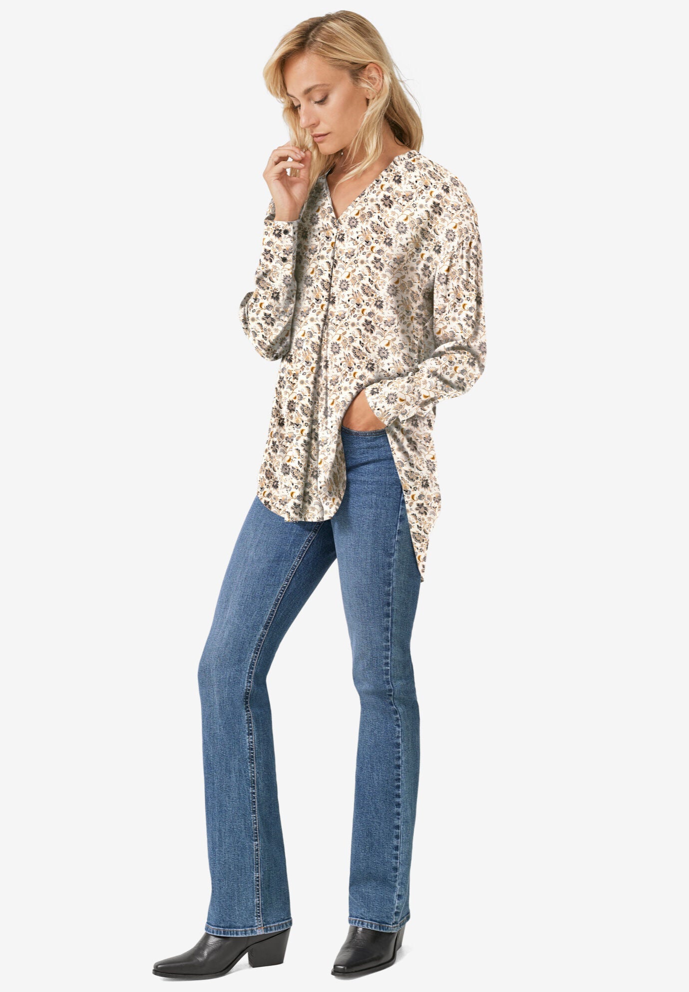 Notch V-Neck Tunic with Long Sleeves, Light Beige Floral | Ellos