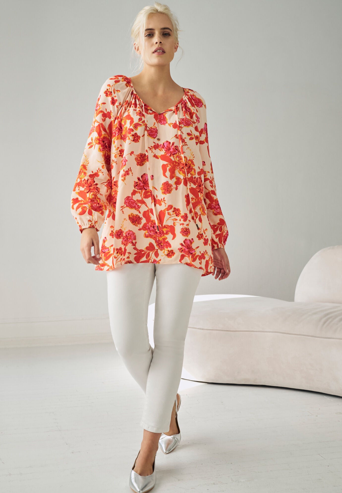 Tie Neck Peasant Tunic with Faux Buttons, Black | Ellos