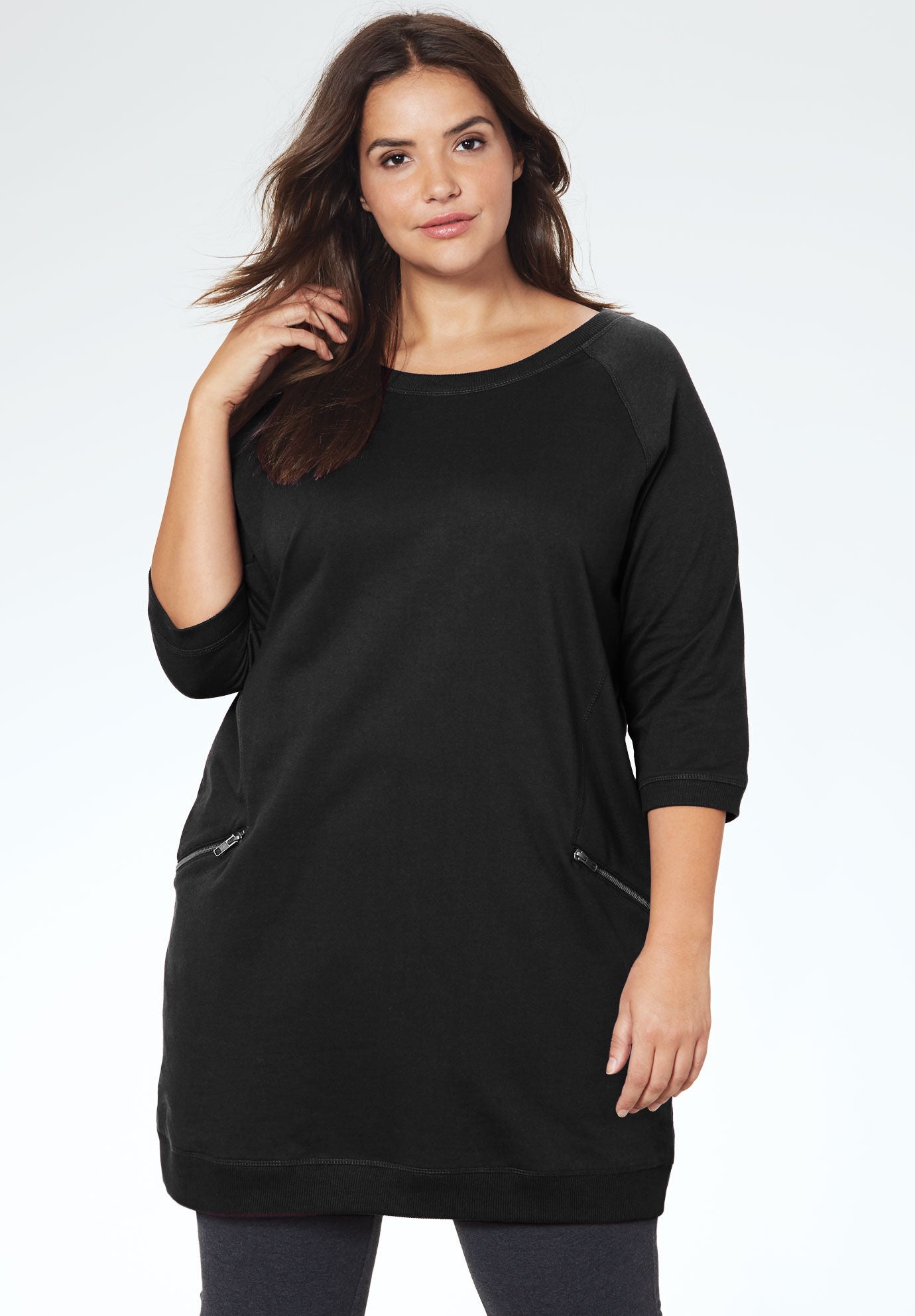 French Terry Tunic with Zip Pockets, Black | Ellos
