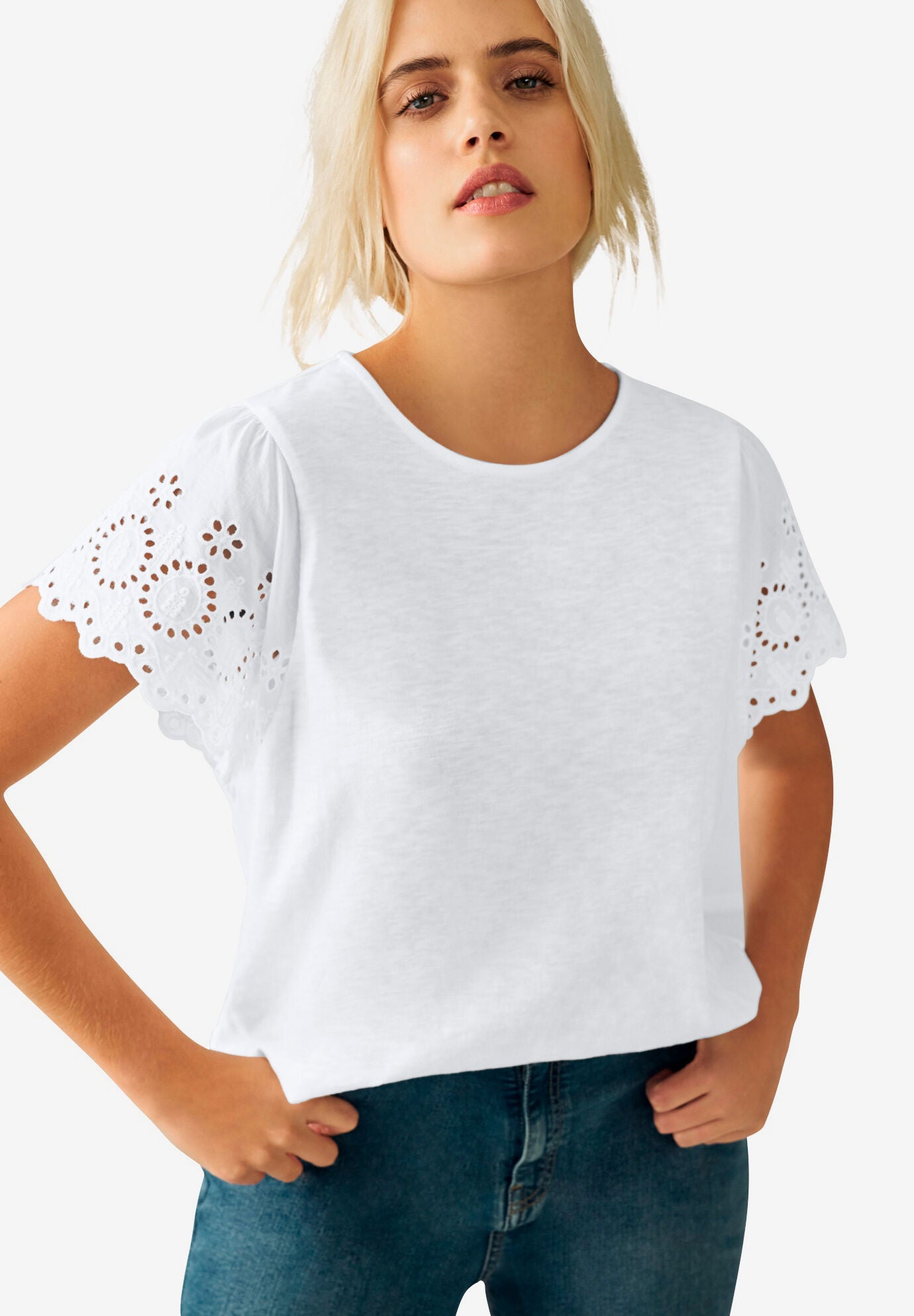 Eyelet Cap Sleeve Tee - Feminine A-Line Knit, White | Ellos