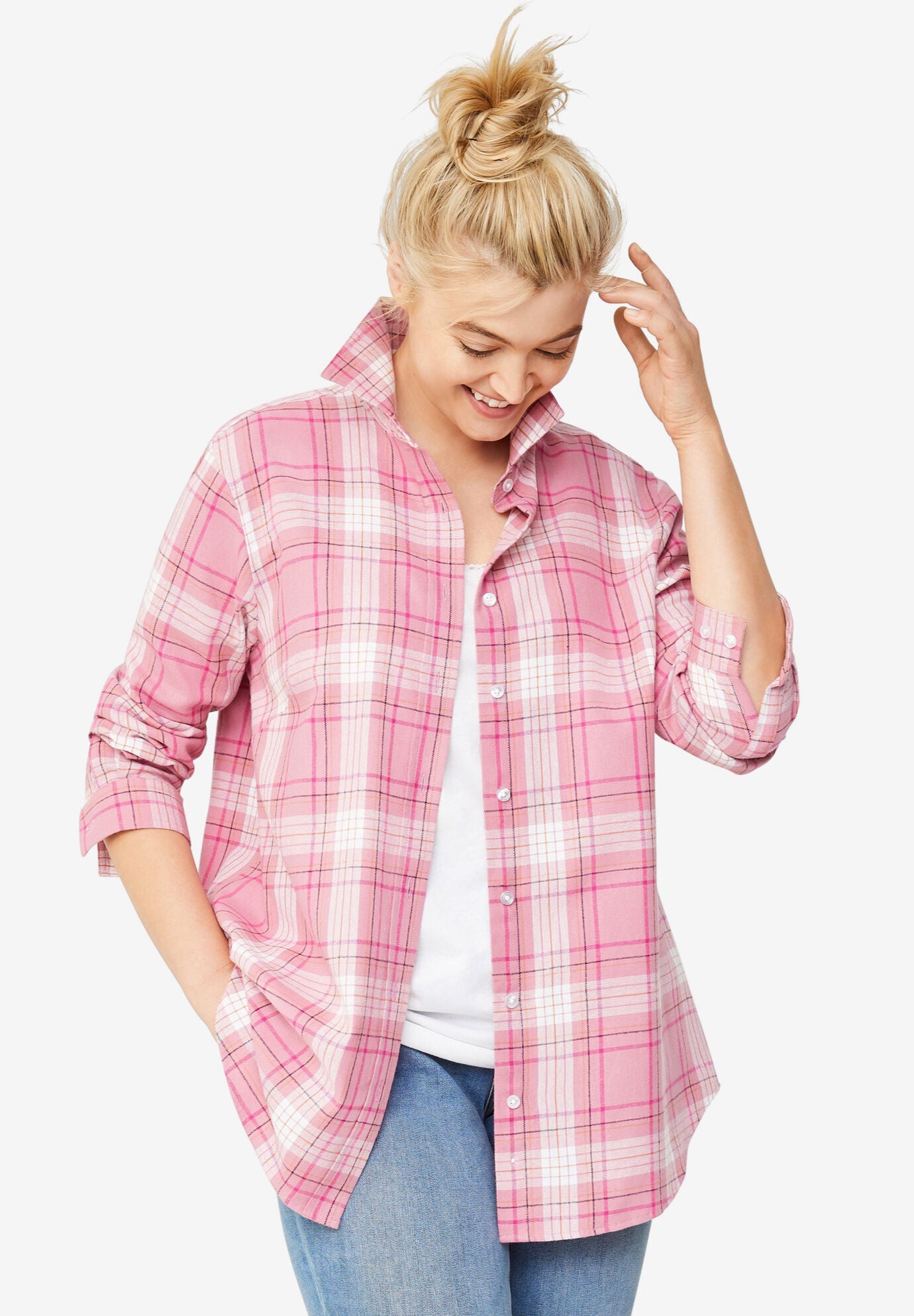 Women's Classic Plaid Flannel Shirt, Dusty Pink Plaid | Ellos