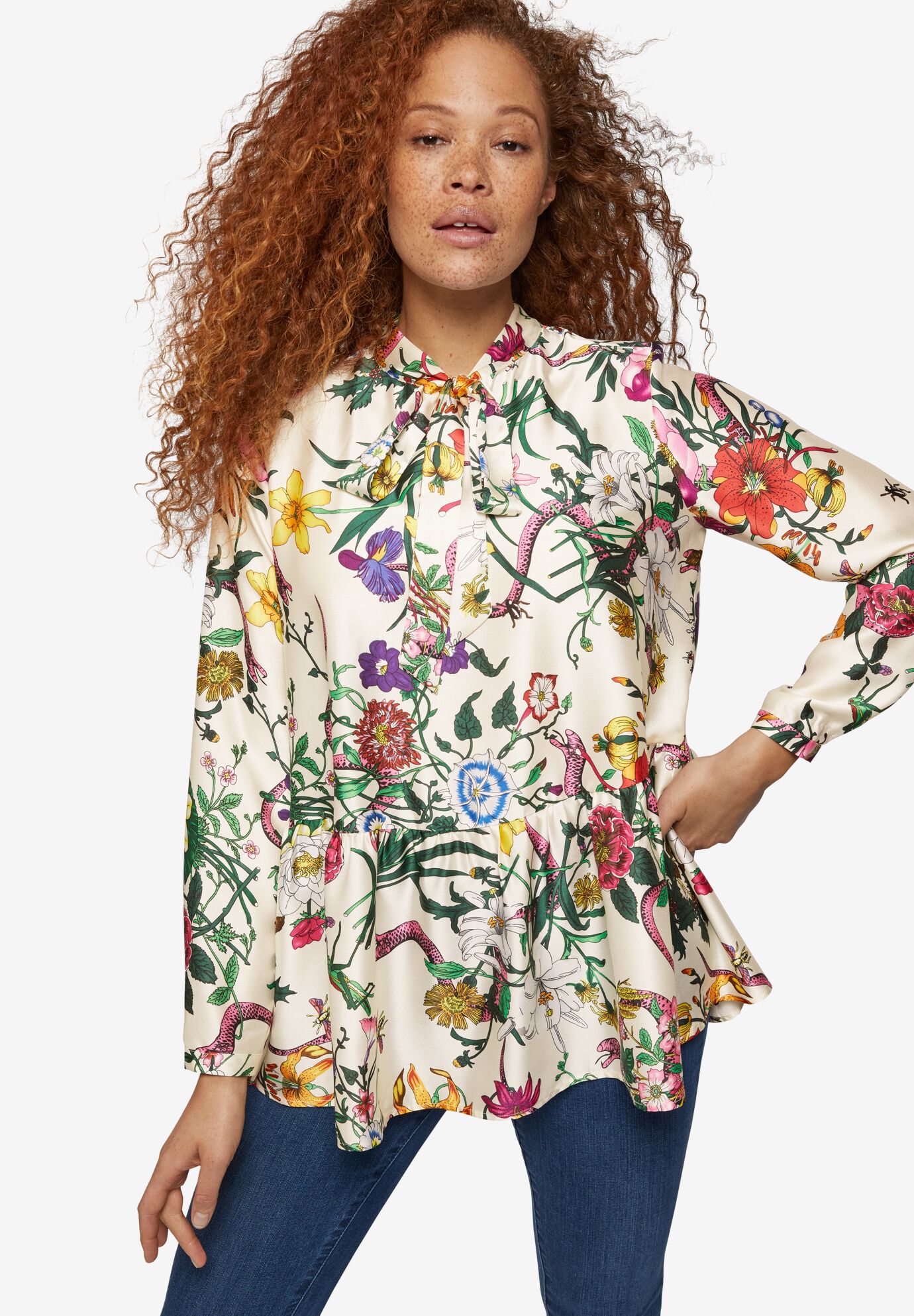 Botanical Tie-Neck Peplum Tunic, 4311101 | Ellos
