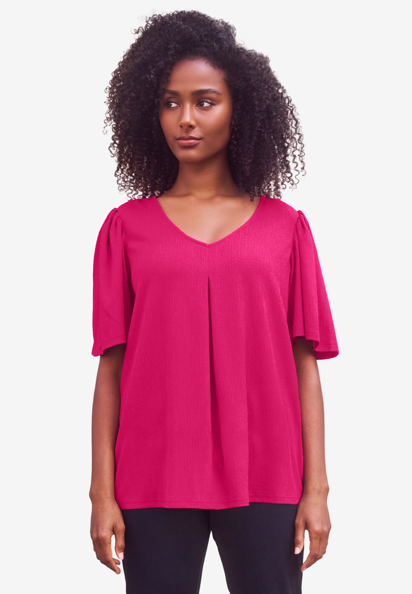 Textured Knit Inverted Pleat V-Neck Top, Cherry Red | Ellos