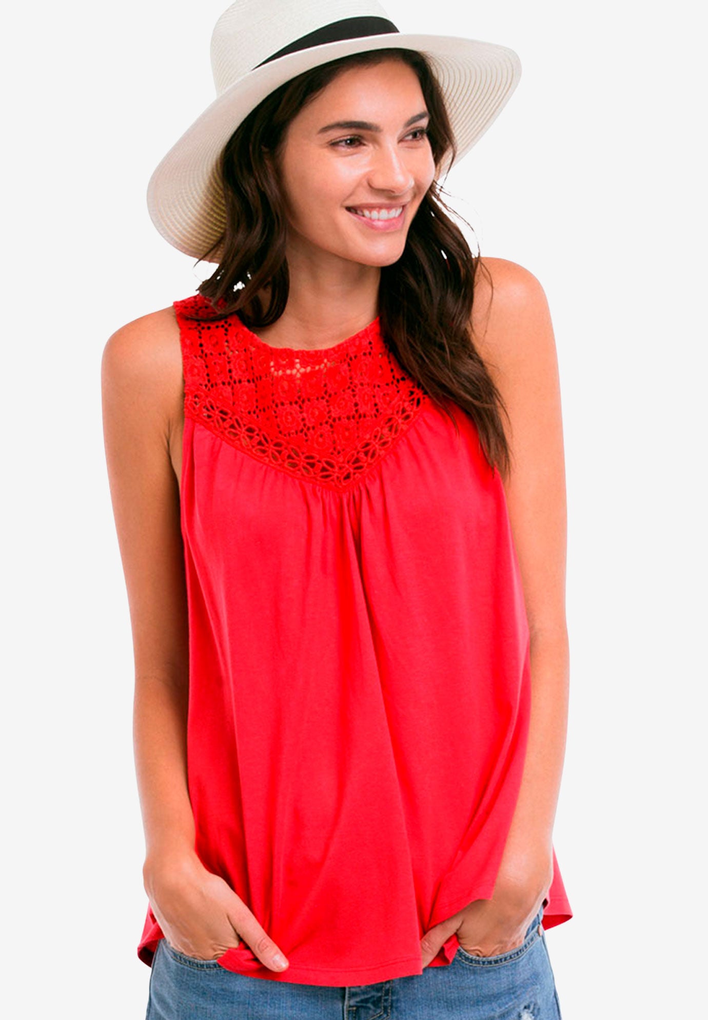 A-line Knit Crochet Lace Tank Top, Hot Red | Ellos