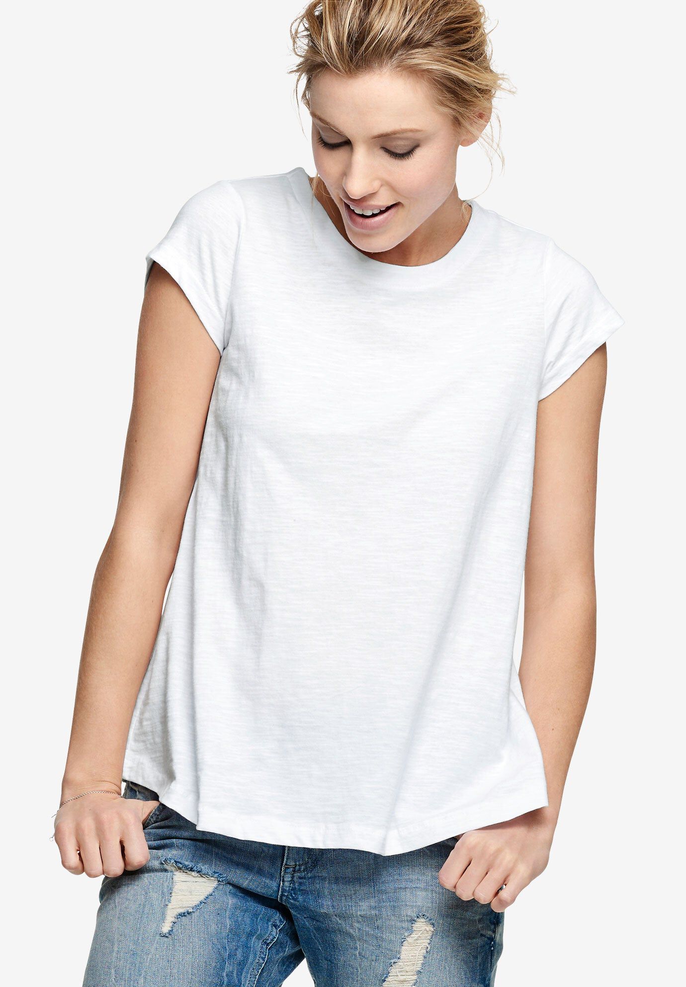 Women's Trapeze Knit Tee - Scoop Neck, Cap Sleeve, White | Ellos