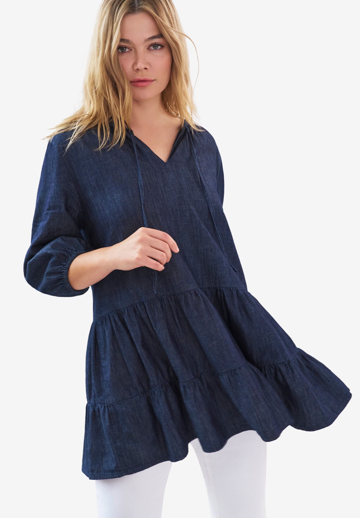 Denim Tunic With Keyhole Neckline Tiered, 4465277 | Ellos